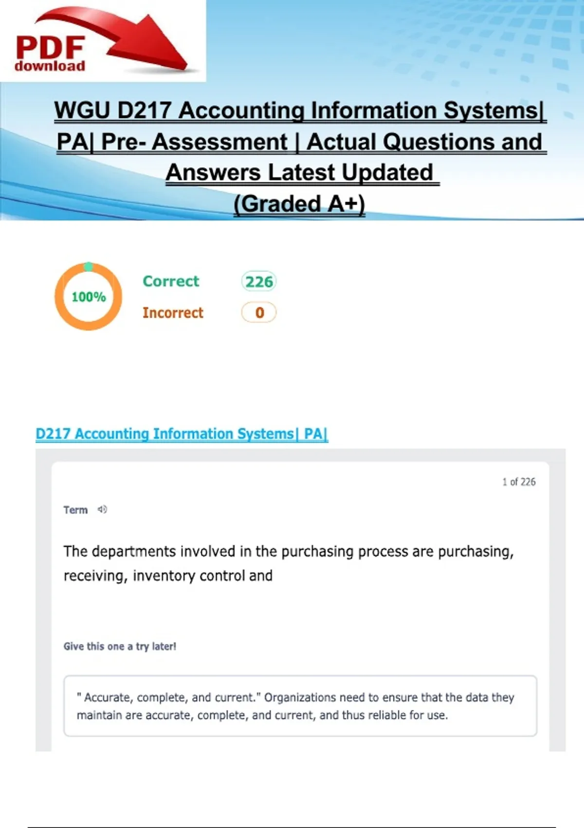 Package deal for WGU D217 Accounting Information Systems| OA & PA ...