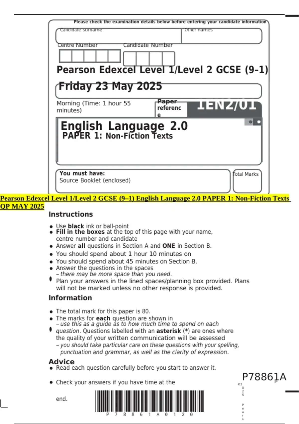 Pearson Edexcel Level 1/Level 2 GCSE (9–1) English Language 2.0 PAPER 1 ...