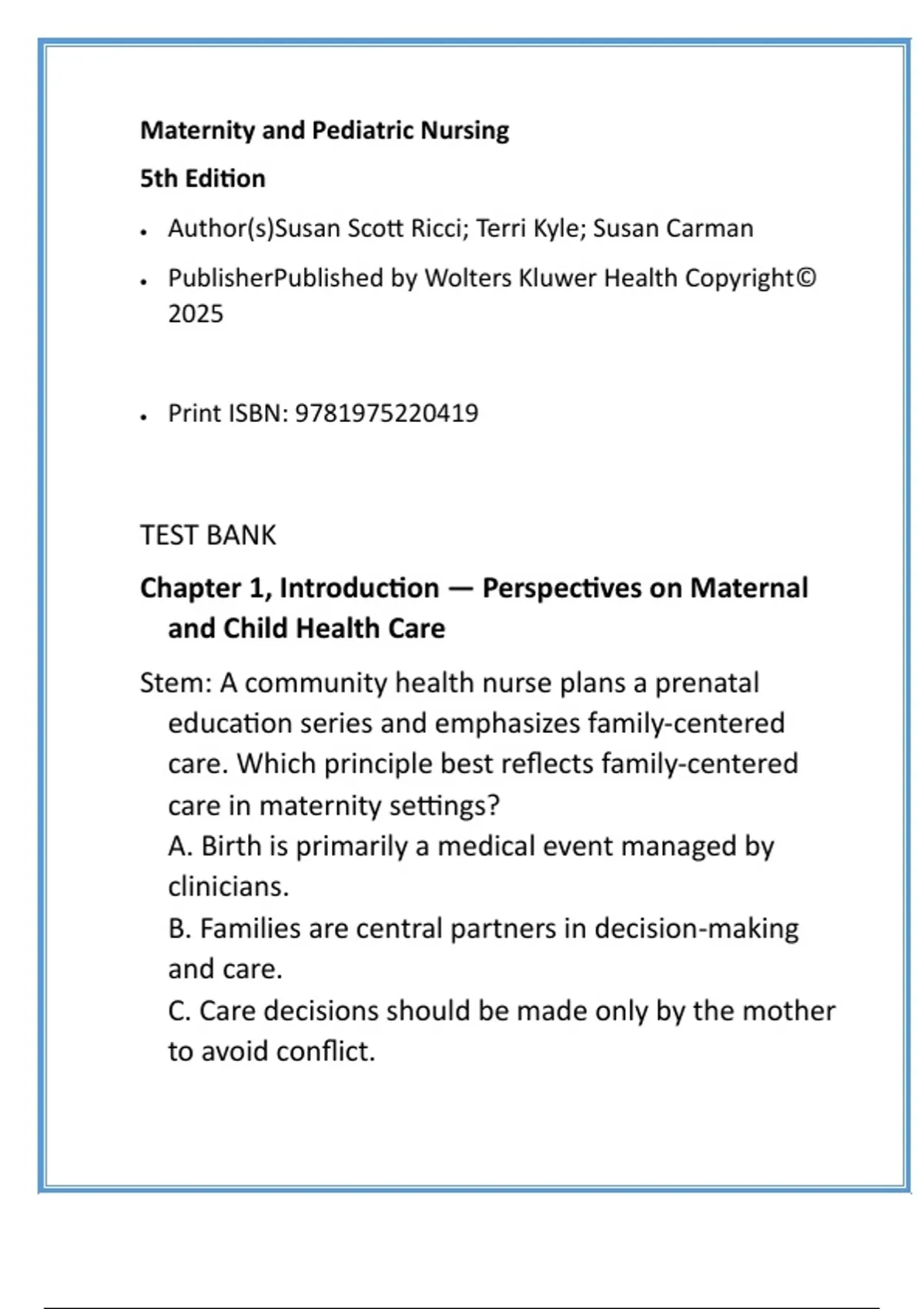 Maternity and Pediatric Nursing 5th Edition Test Bank — Verified ...