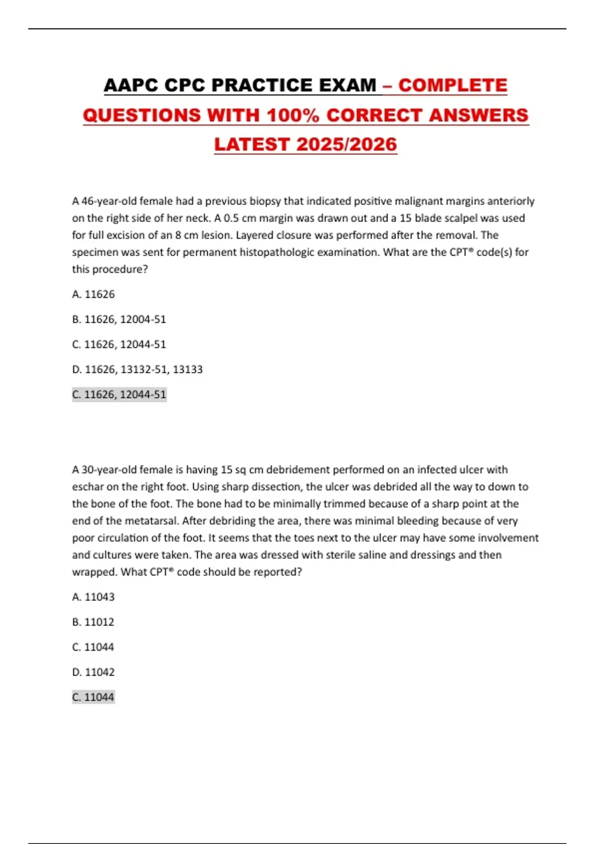 AAPC CPC PRACTICE EXAM – COMPLETE QUESTIONS WITH 100% CORRECT ANSWERS ...