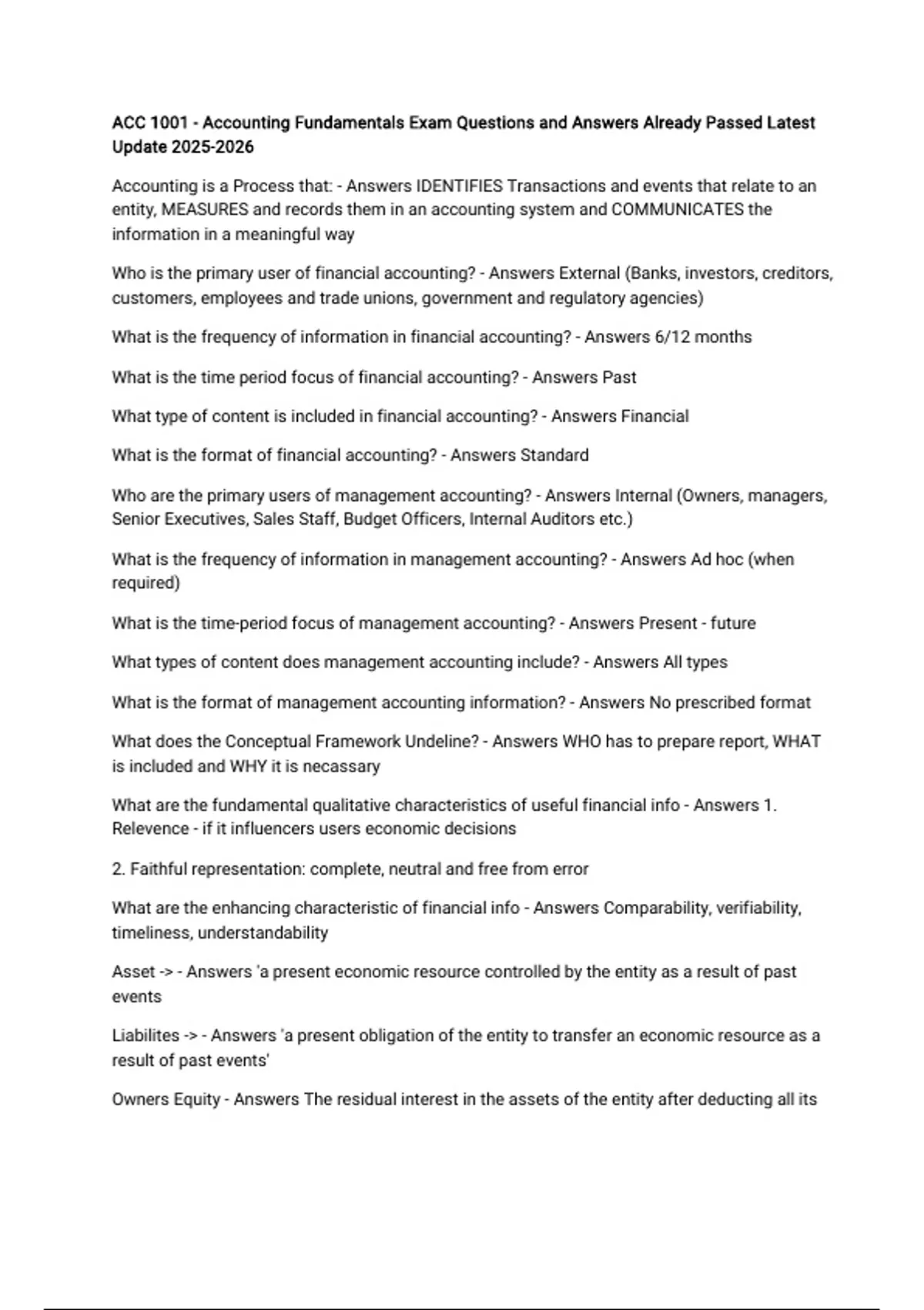 ACC 1001 - Accounting Fundamentals Exam Questions and Answers Already ...