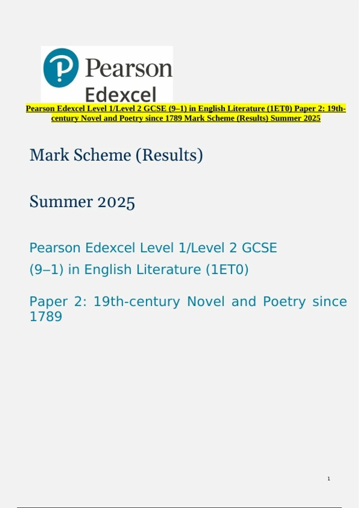 Pearson Edexcel Level 1/Level 2 GCSE (9‒1) in English Literature (1ET0 ...
