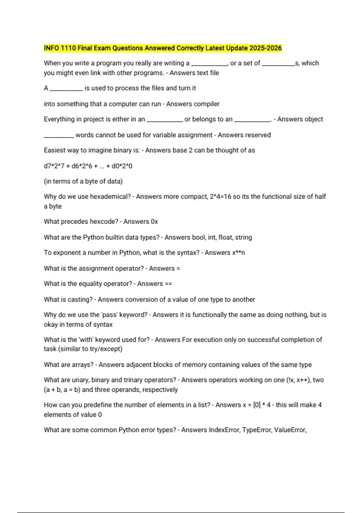 INFO 1110 Final Exam Questions Answered Correctly Latest Update - INFO ...