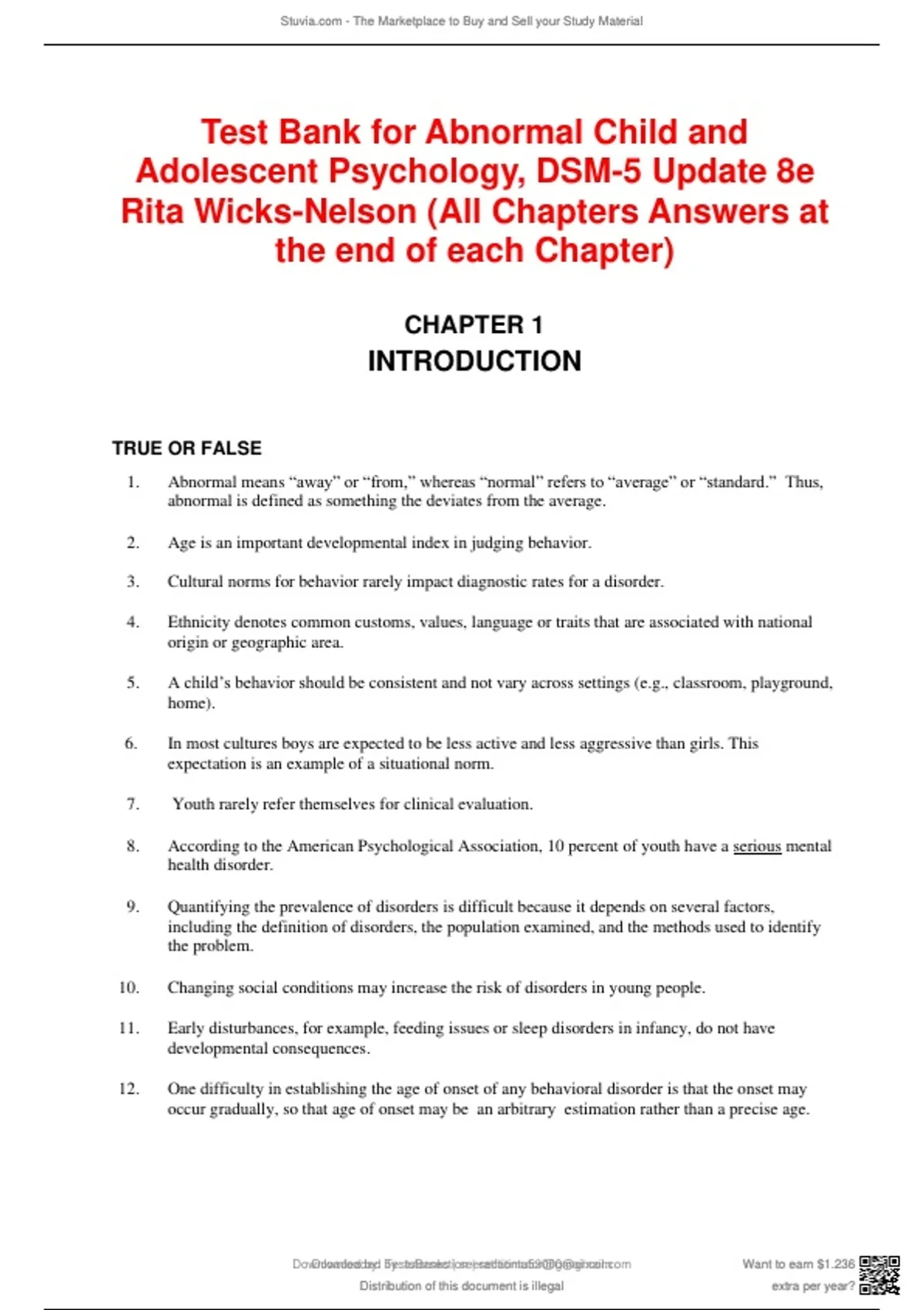Test Bank for Abnormal Child and Adolescent Psychology, DSM-5 Update ...