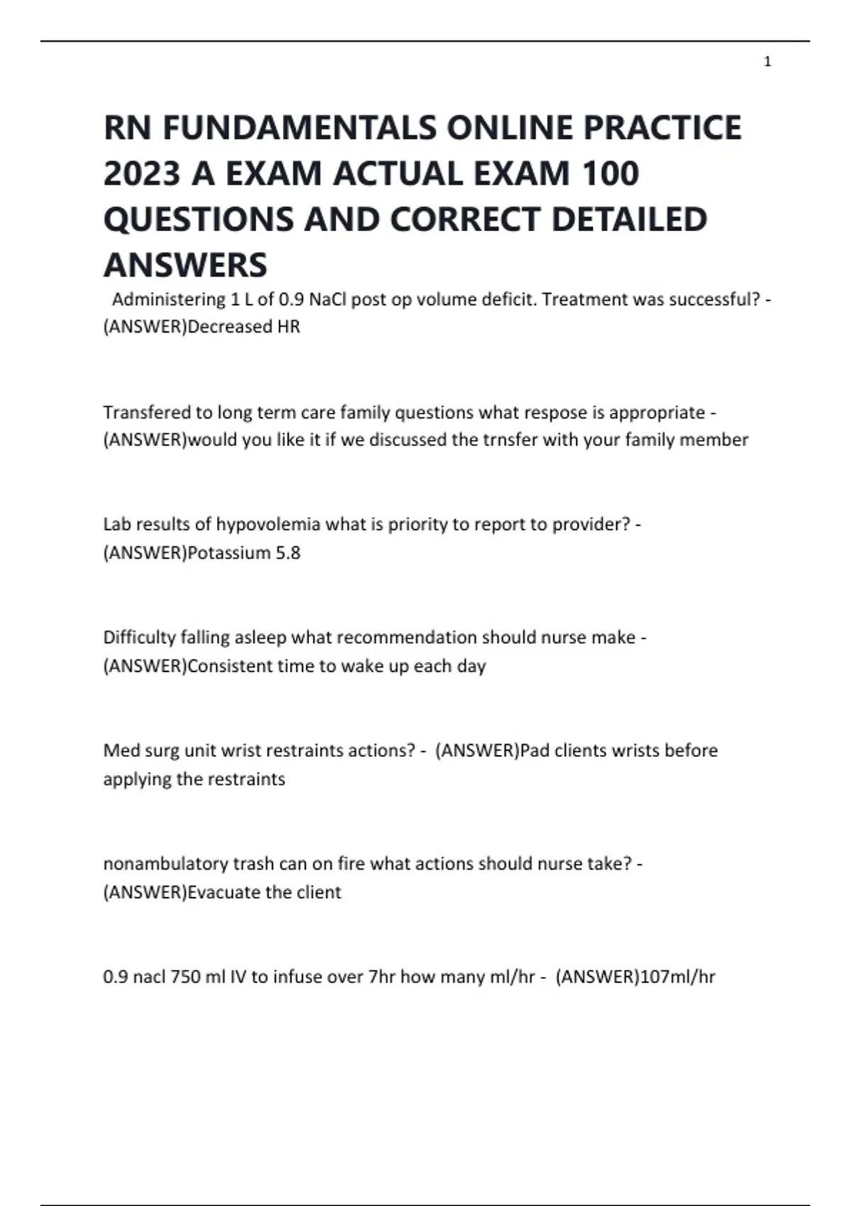 RN FUNDAMENTALS ONLINE PRACTICE 2023 A EXAM ACTUAL EXAM 100 QUESTIONS ...