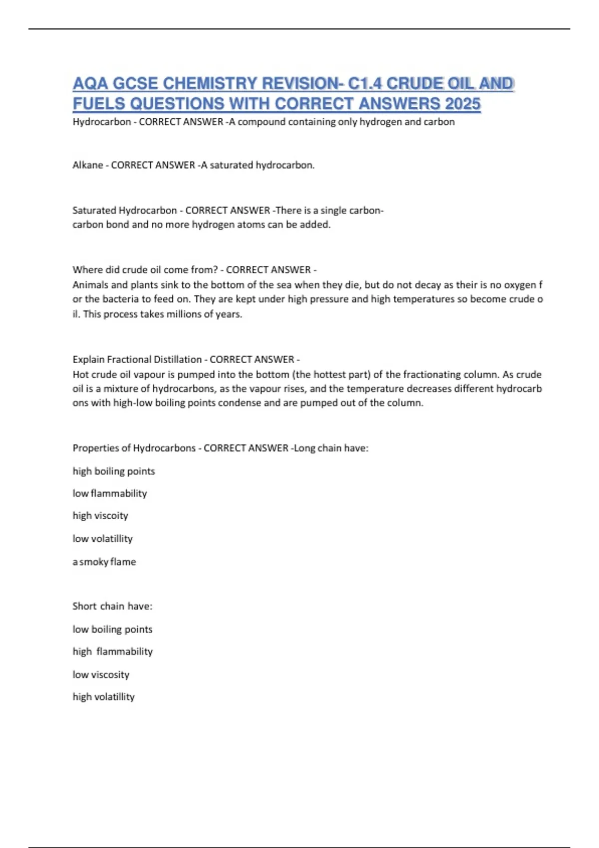 AQA GCSE CHEMISTRY REVISION- C1.4 CRUDE OIL AND FUELS QUESTIONS WITH ...