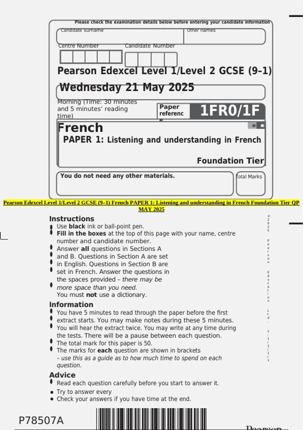 Pearson Edexcel Level 1/Level 2 GCSE (9–1) French PAPER 1: Listening ...