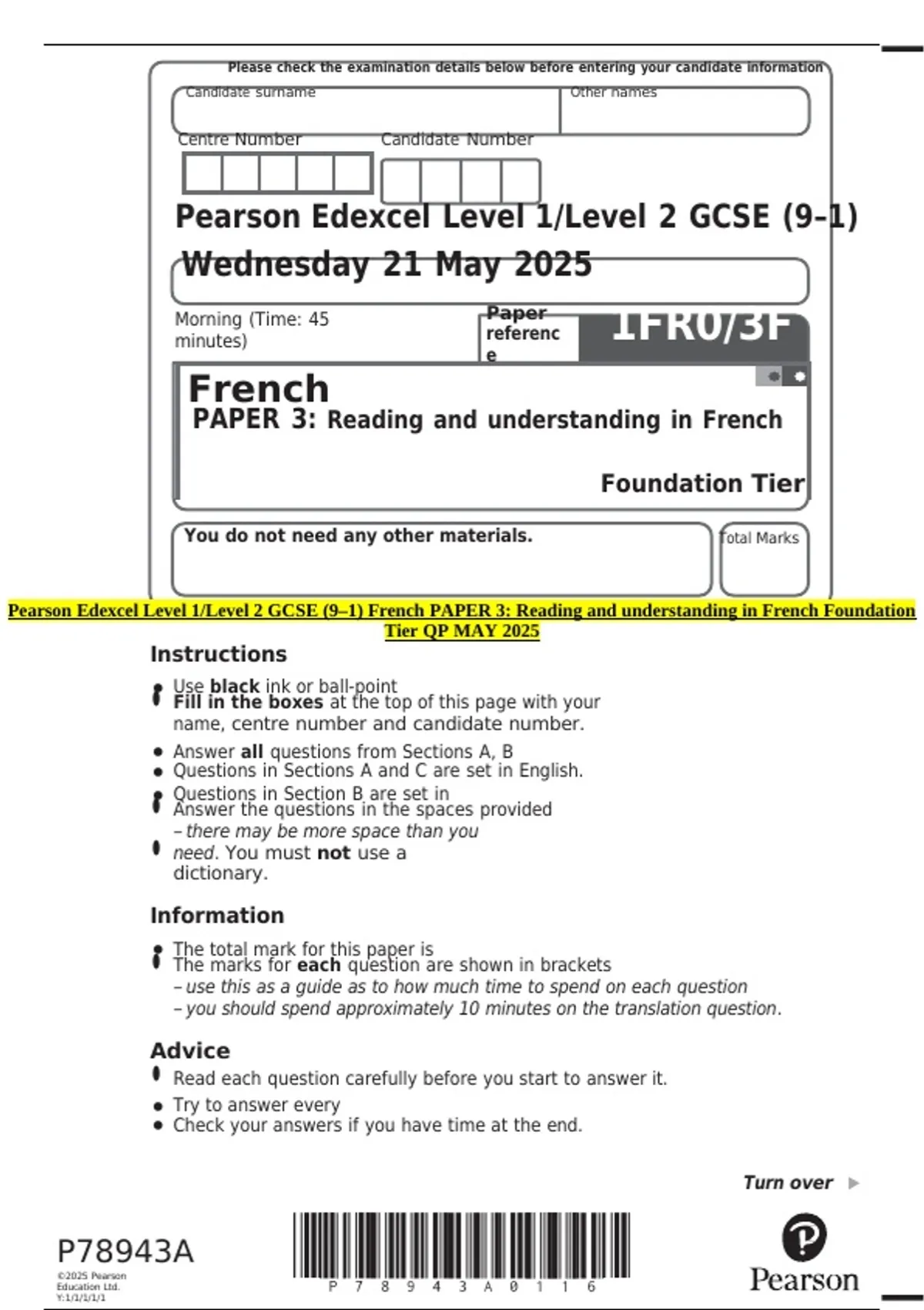 Pearson Edexcel Level 1/Level 2 GCSE (9–1) French PAPER 3: Reading and ...