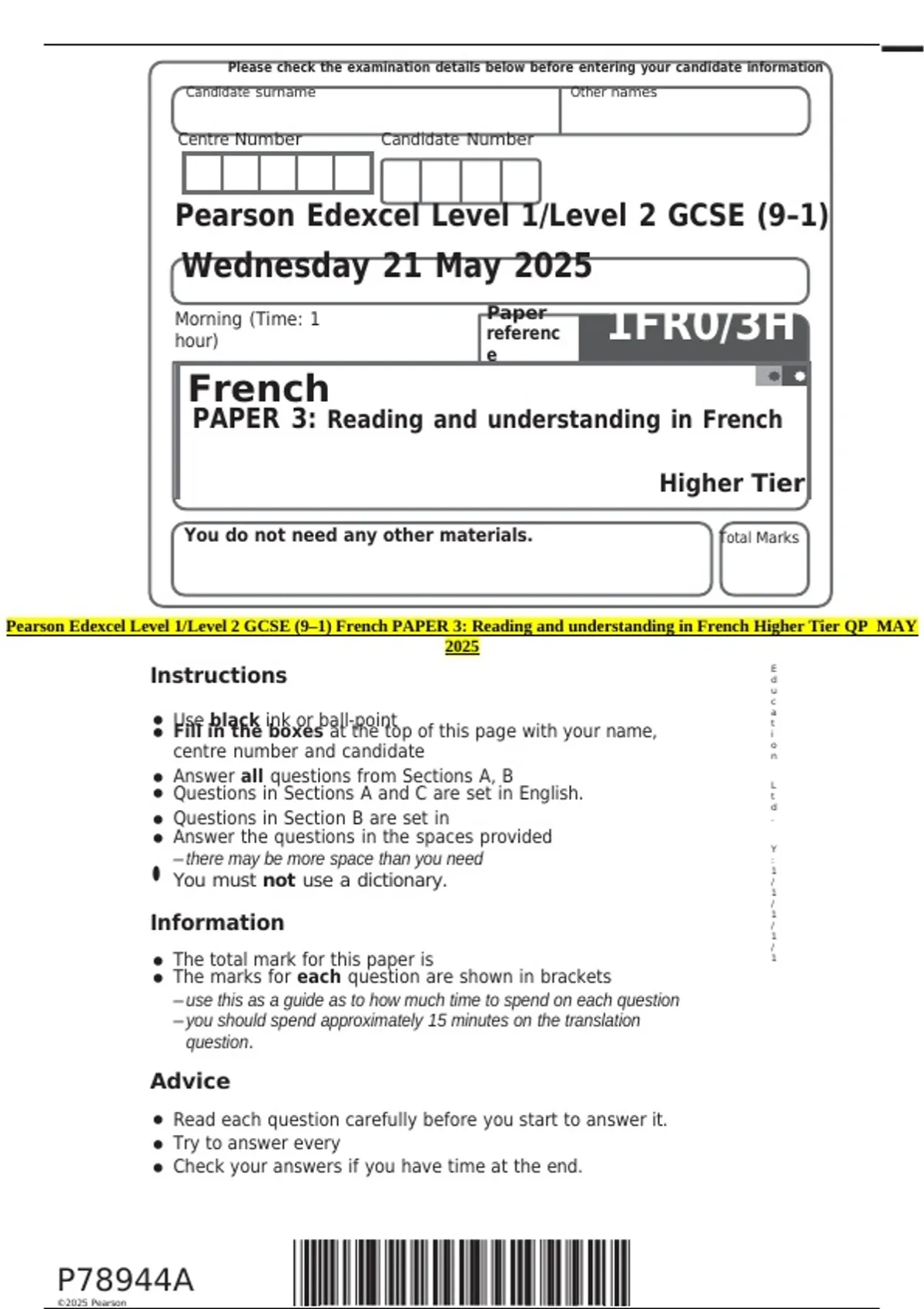 Pearson Edexcel Level 1/Level 2 GCSE (9–1) French PAPER 3: Reading and ...