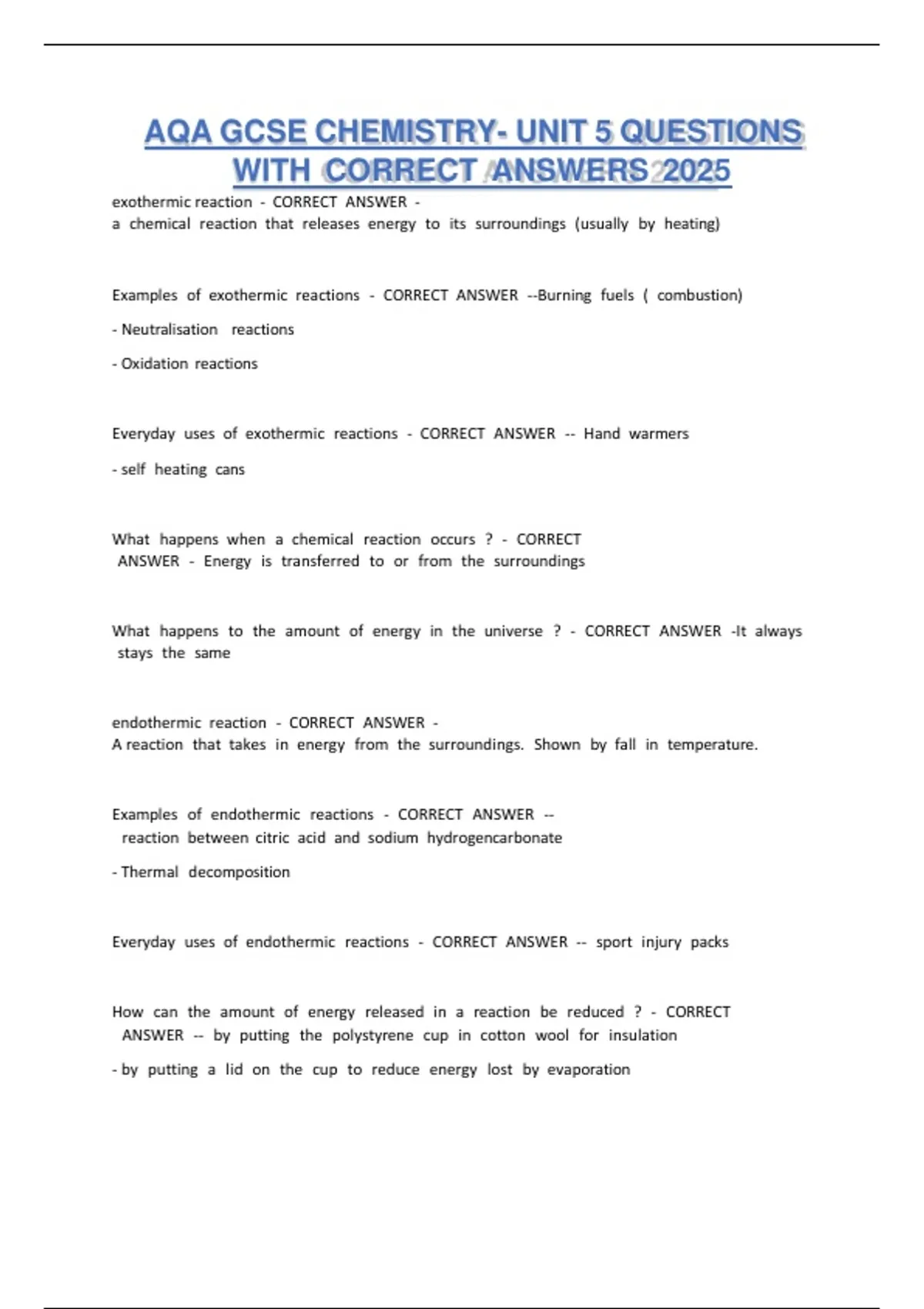 AQA GCSE CHEMISTRY- UNIT 5 QUESTIONS WITH CORRECT ANSWERS 2025 - AQA ...