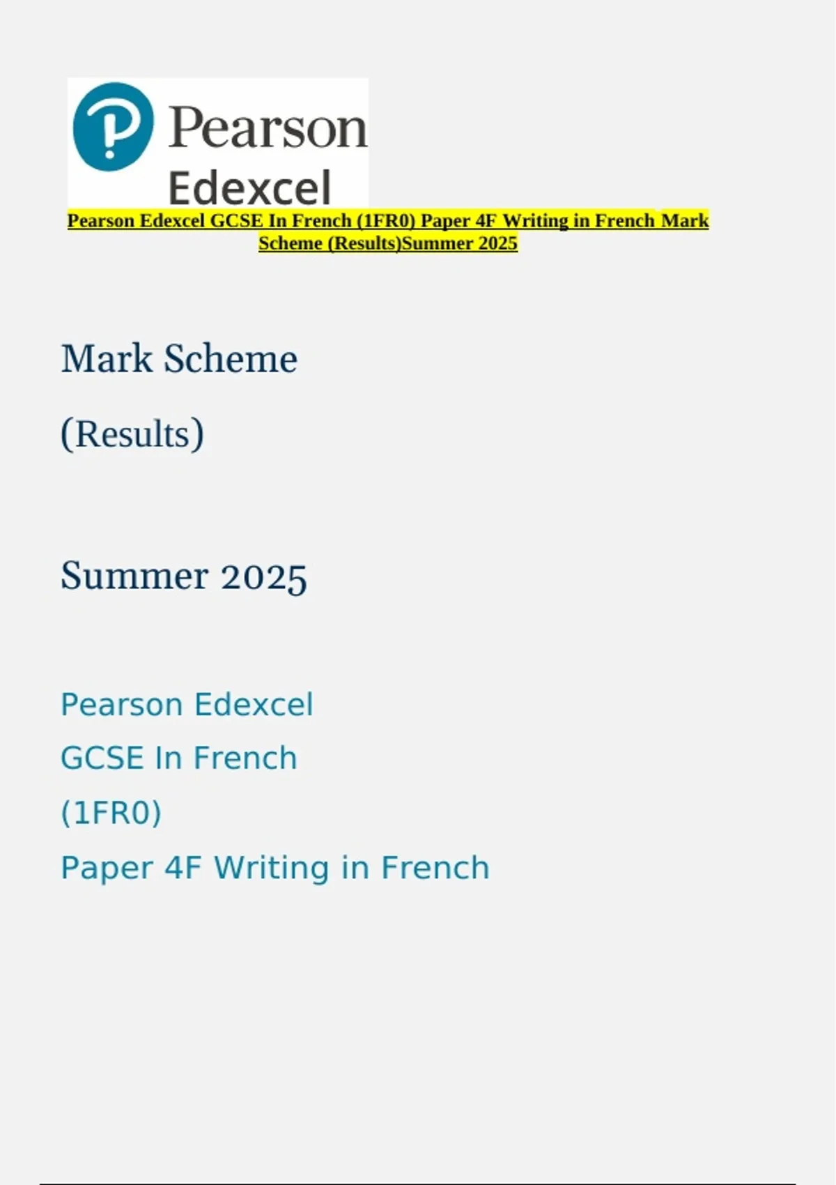 Pearson Edexcel GCSE In French (1FR0) Paper 4F Writing in French Mark ...
