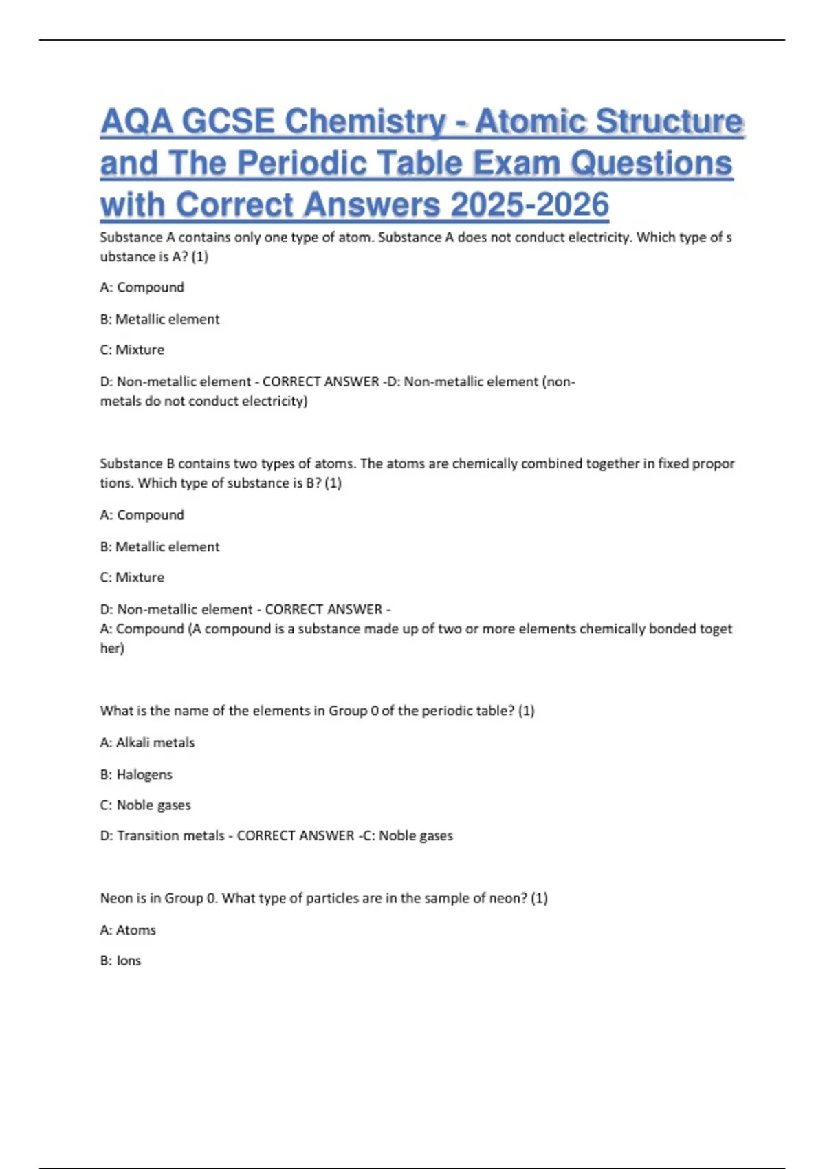 AQA GCSE Chemistry - Atomic Structure and The Periodic Table Exam ...