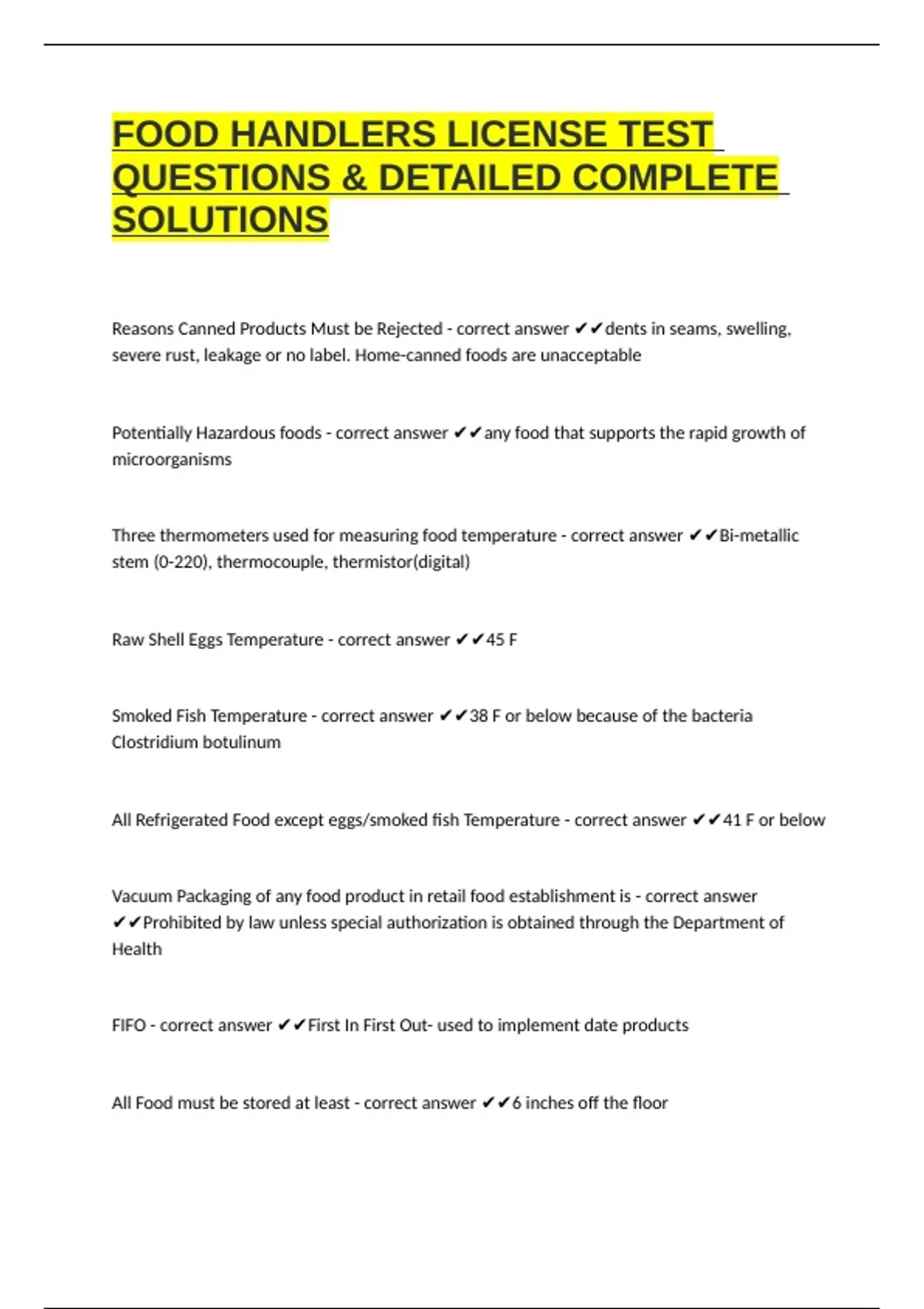 FOOD HANDLERS LICENSE TEST QUESTIONS & DETAILED COMPLETE SOLUTIONS ...