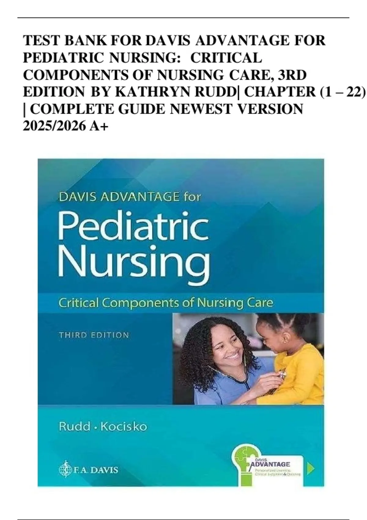TEST BANK FOR DAVIS ADVANTAGE FOR PEDIATRIC NURSING: CRITICAL ...