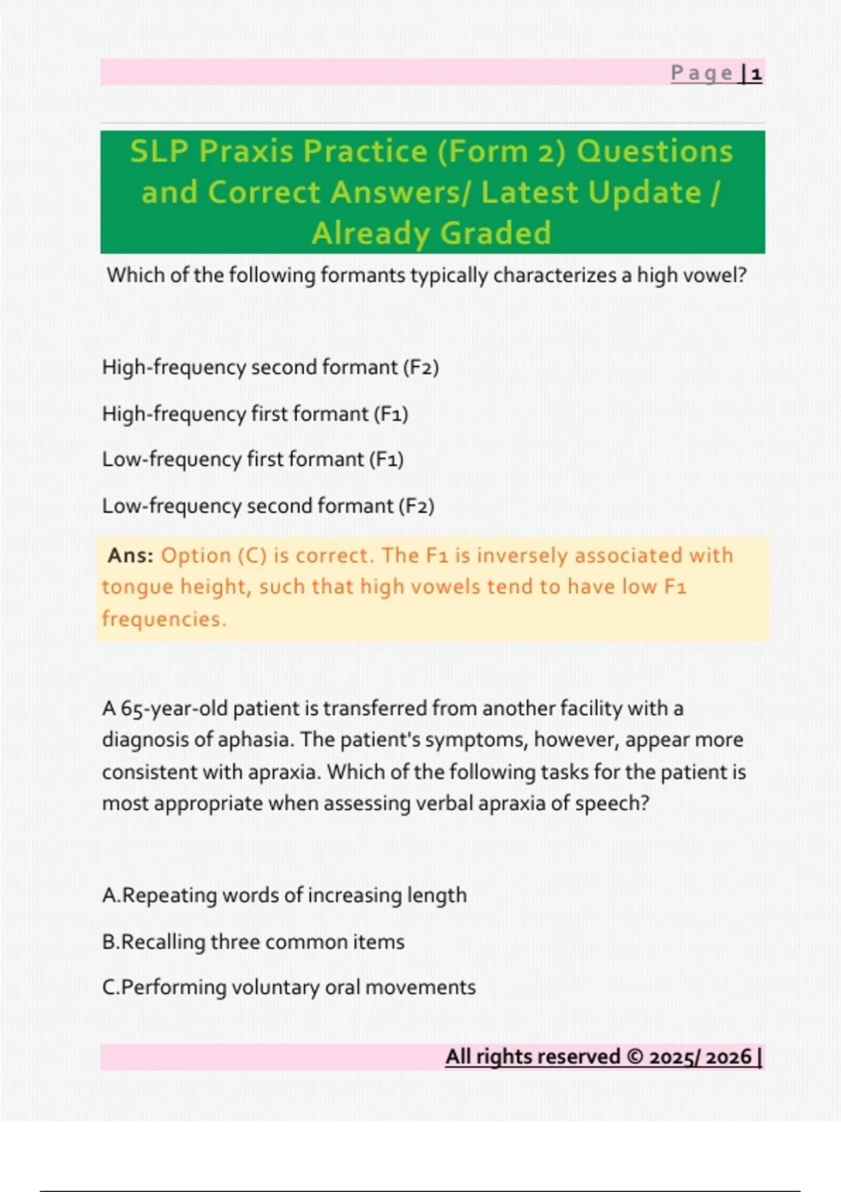 SLP Praxis Practice (Form 2) Questions and Correct Answers/ Latest ...