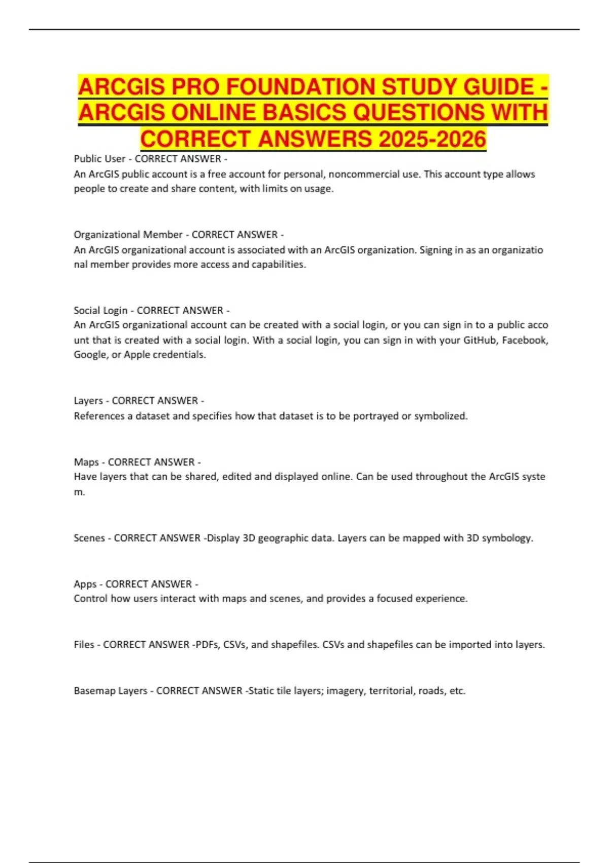 ARCGIS PRO FOUNDATION STUDY GUIDE - ARCGIS ONLINE BASICS QUESTIONS WITH CORRECT ANSWERS - ARCGIS ...