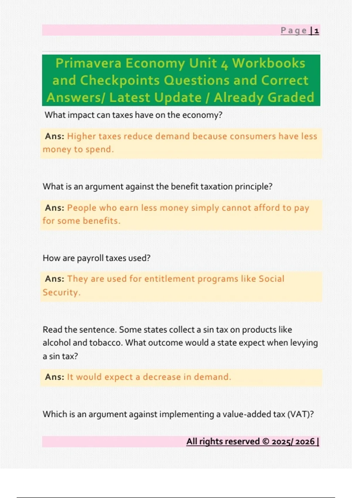 Primavera Economy Unit 4 Workbooks and Checkpoints Questions and ...