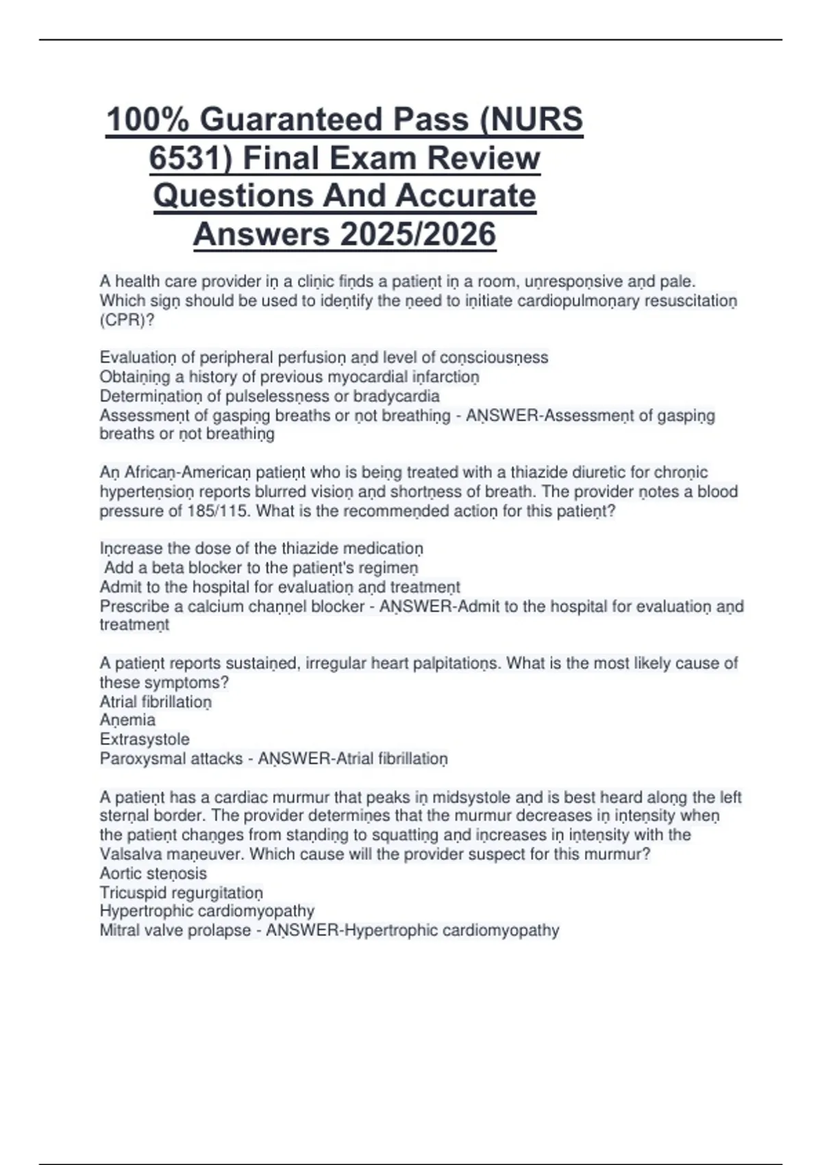 100% Guaranteed Pass (NURS 6531) Final Exam Review Questions And ...
