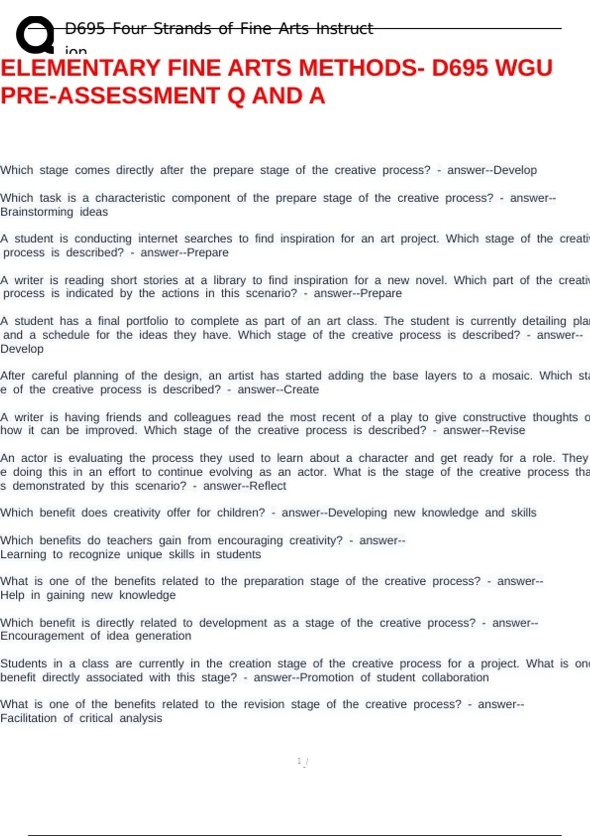 ELEMENTARY FINE ARTS METHODS- D695 WGU PRE-ASSESSMENT Q AND A ...