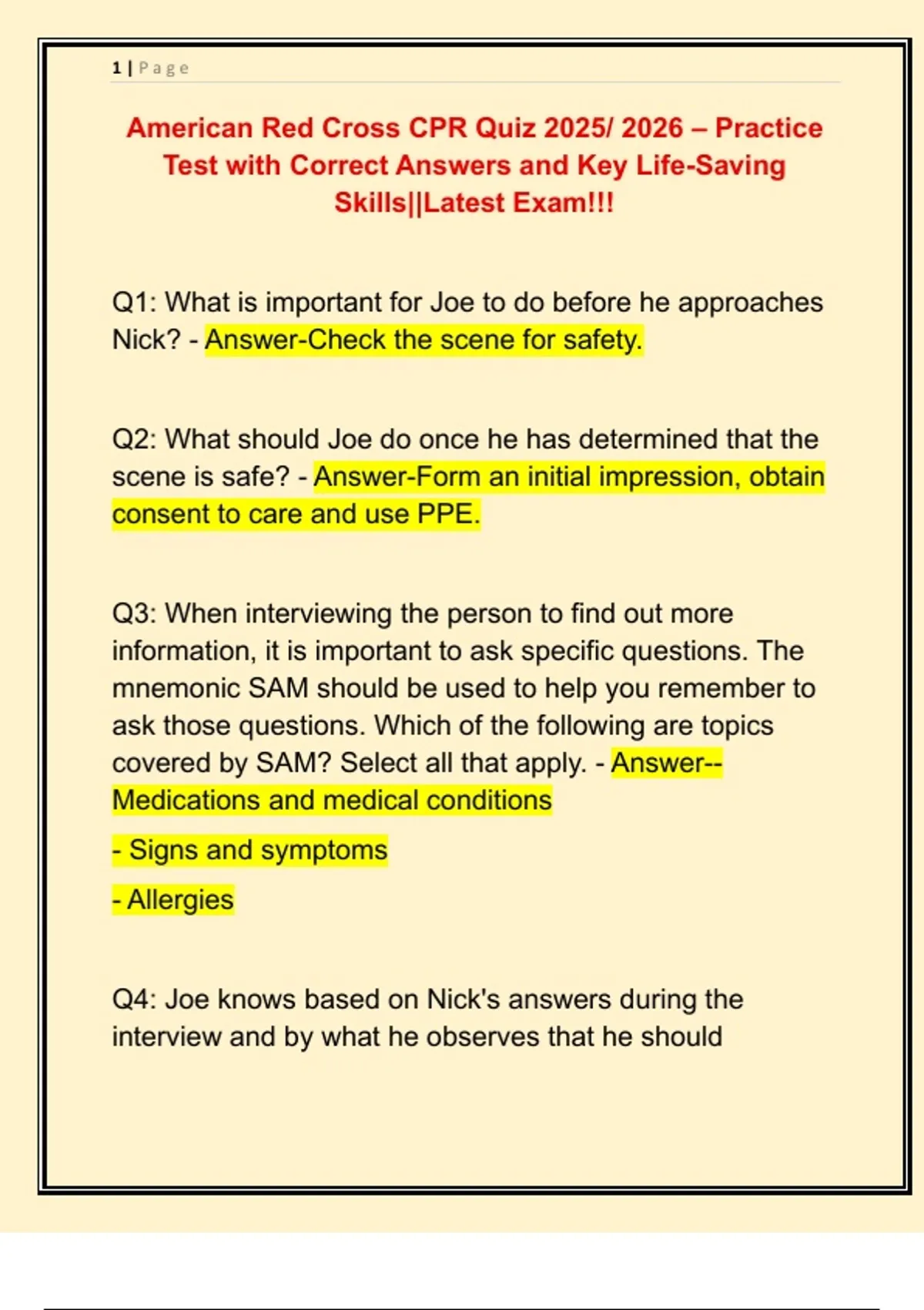 American Red Cross CPR Quiz 2025/ 2026 – Practice Test with Correct ...