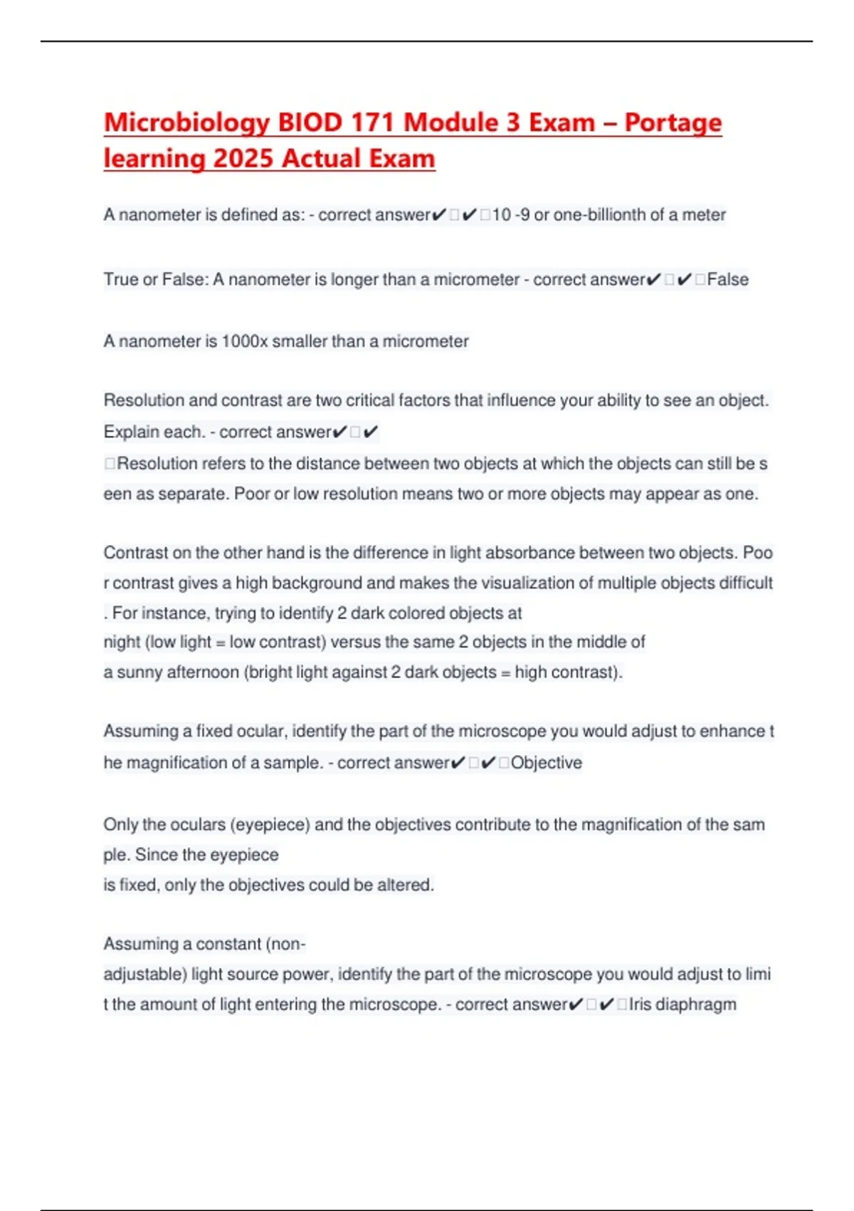 Microbiology BIOD 171 Module 3 Exam – Portage learning 2025 Actual Exam ...
