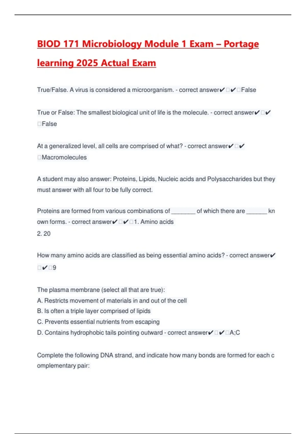 BIOD 171 Microbiology Module 1 Exam – Portage learning 2025 Actual Exam ...
