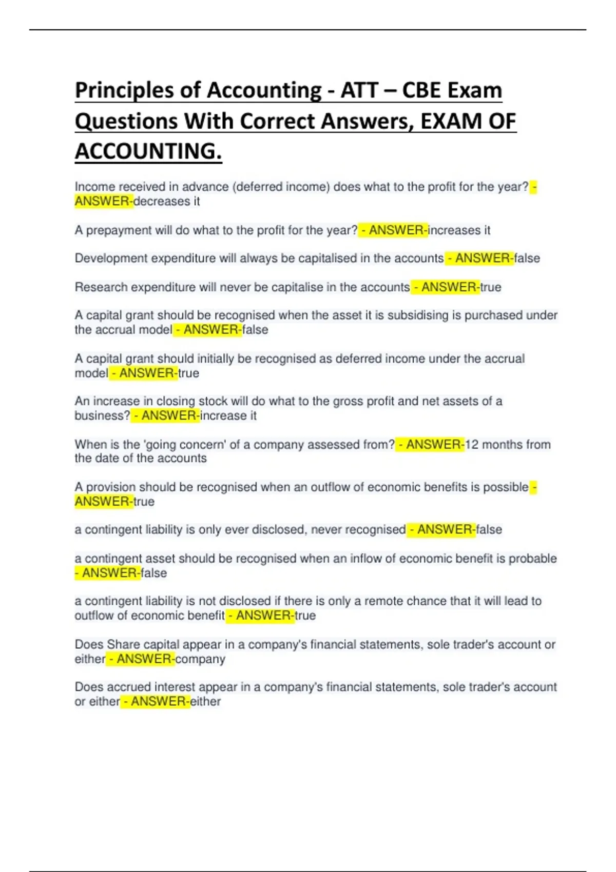 Principles of Accounting - ATT – CBE Exam Questions With Correct ...