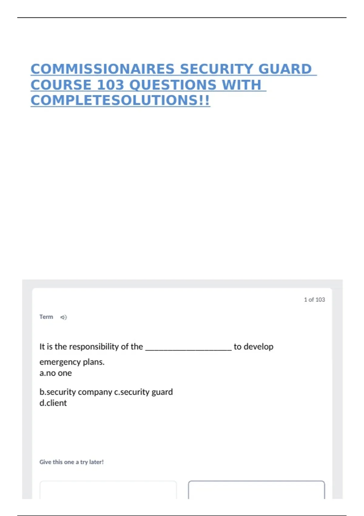 COMMISSIONAIRES SECURITY GUARD COURSE 103 QUESTIONS WITH ...