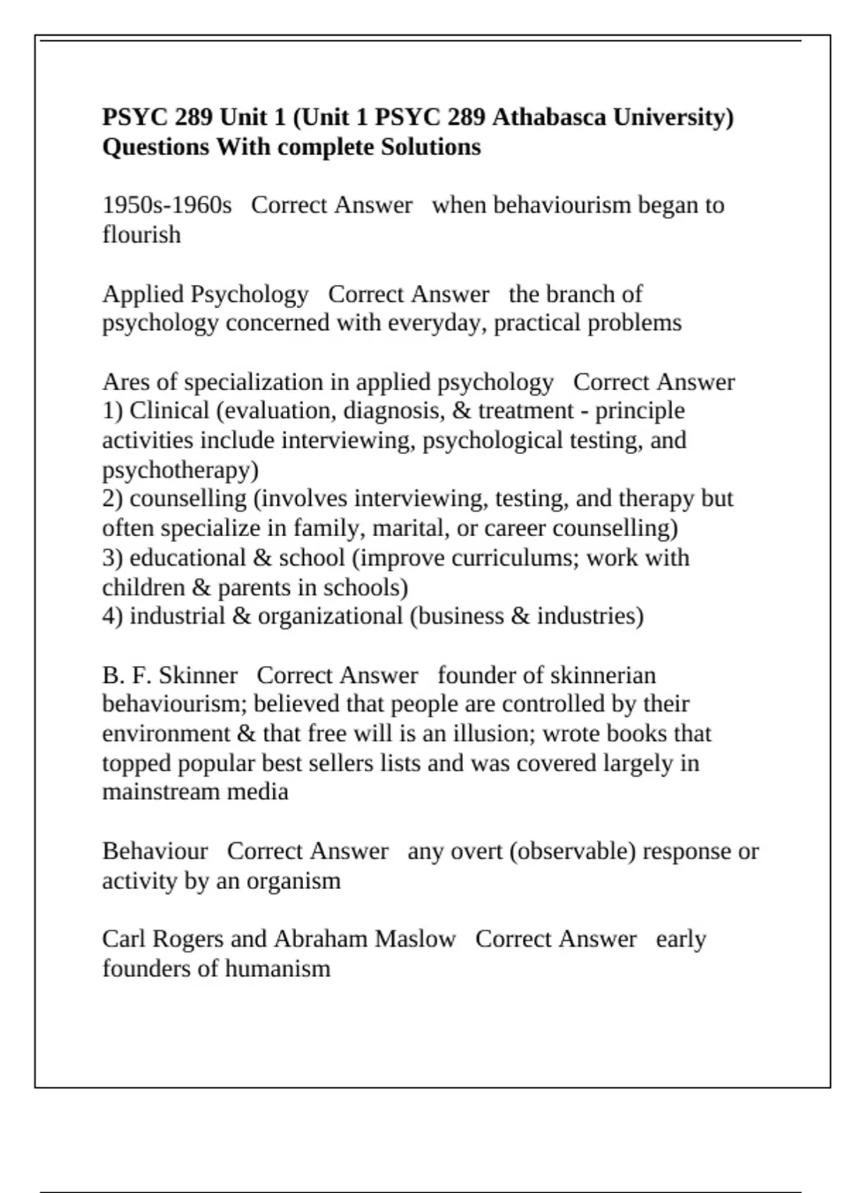 PSYC 289 Unit 1 (Unit 1 PSYC 289 Athabasca University) Questions With ...