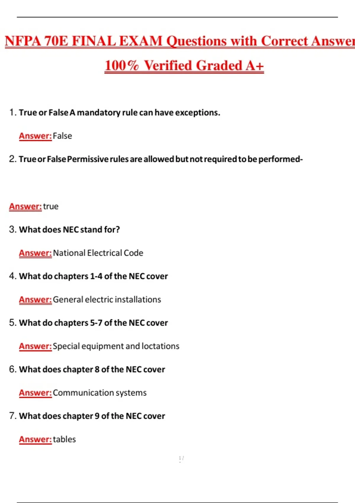 NFPA 70E Final Exam (Latest 2026/2027 Update) Complete Questions and ...