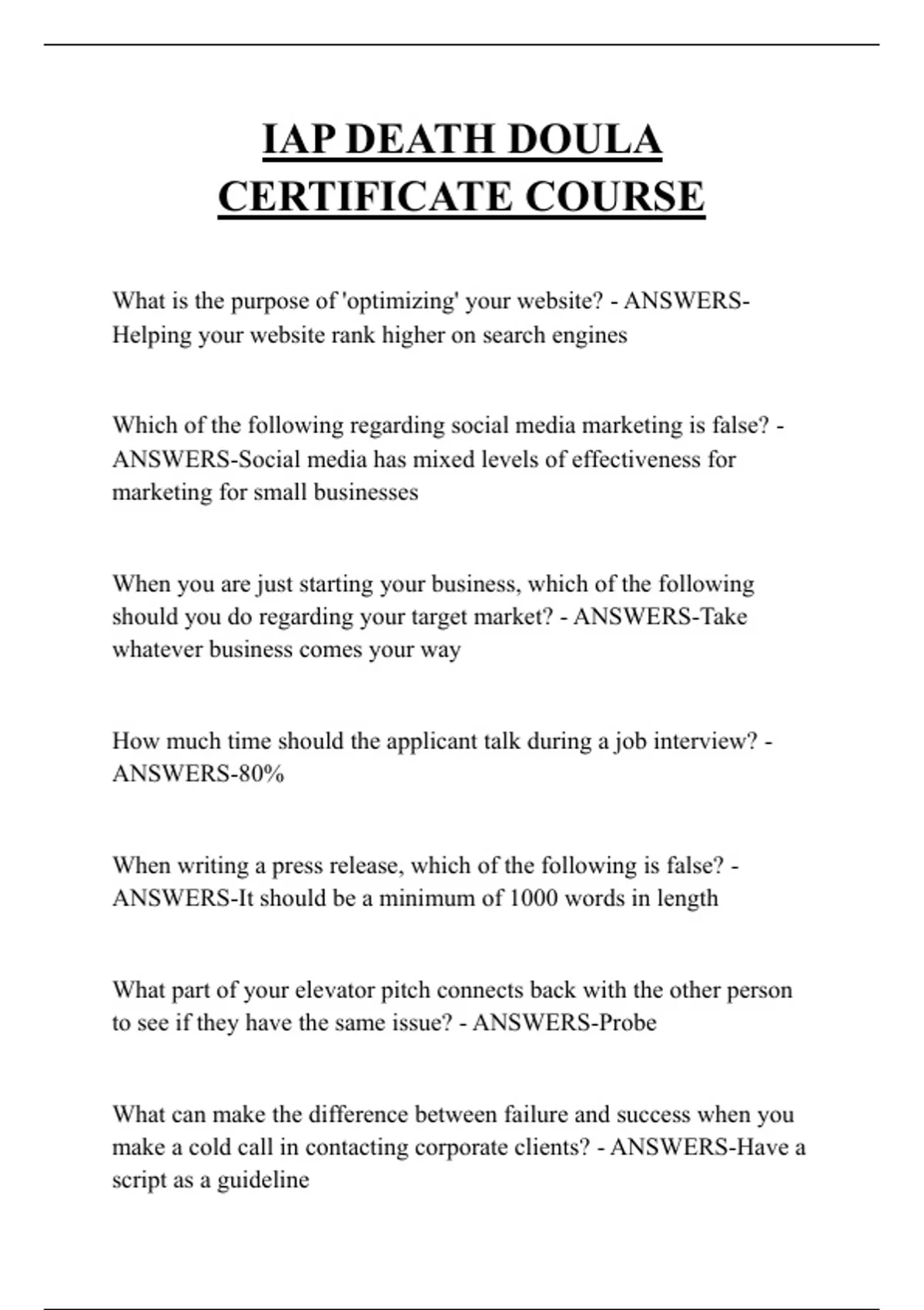 IAP DEATH DOULA CERTIFICATE COURSE QUESTIONS AND ANSWERS 2025 - IAP ...