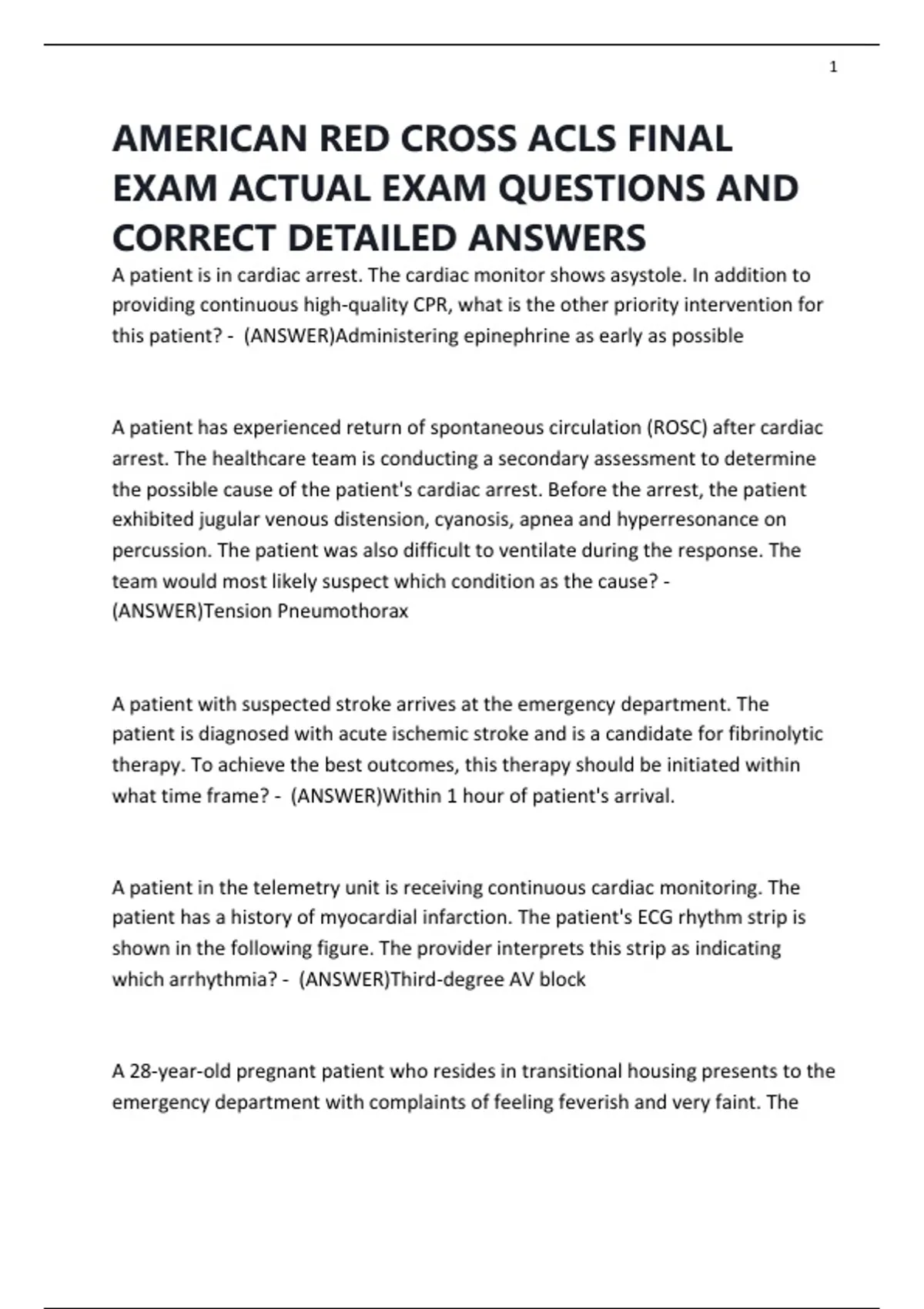 AMERICAN RED CROSS ACLS FINAL EXAM ACTUAL EXAM QUESTIONS AND CORRECT ...