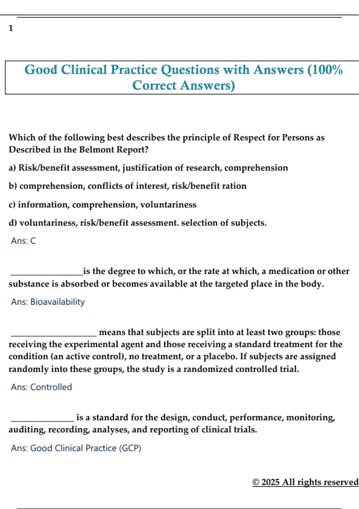 Good Clinical Practice Questions with Answers (100% Correct Answers ...