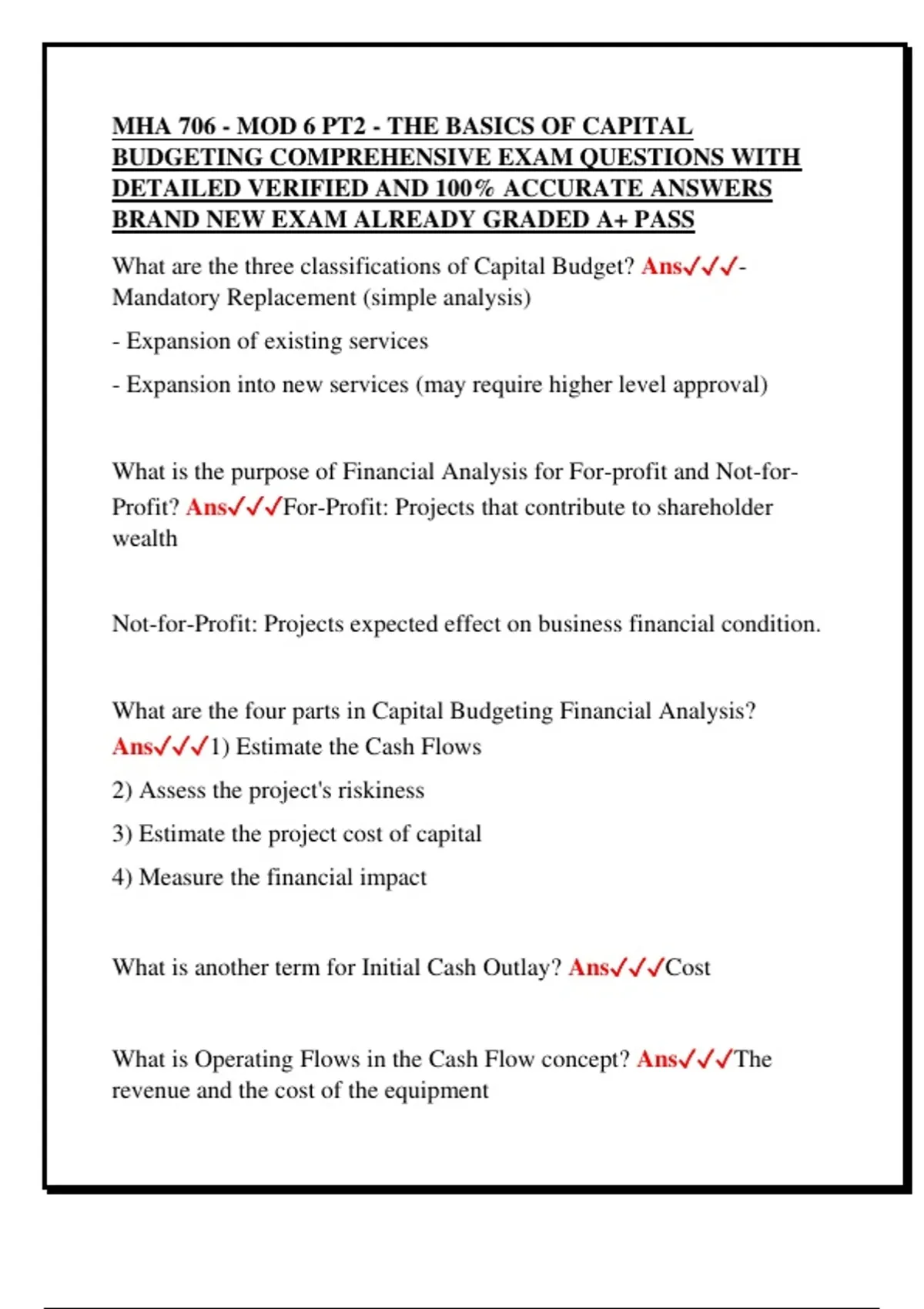 MHA 706 - MOD 6 PT2 - THE BASICS OF CAPITAL BUDGETING COMPREHENSIVE ...