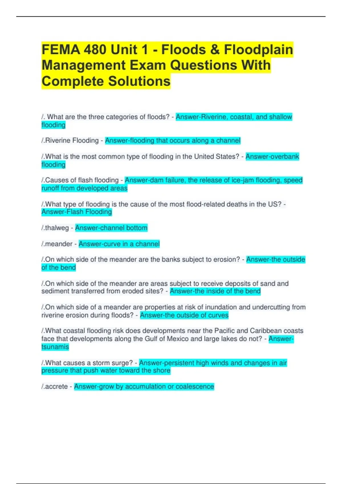 FEMA 480 Unit 1 - Floods & Floodplain Management Exam Questions With ...