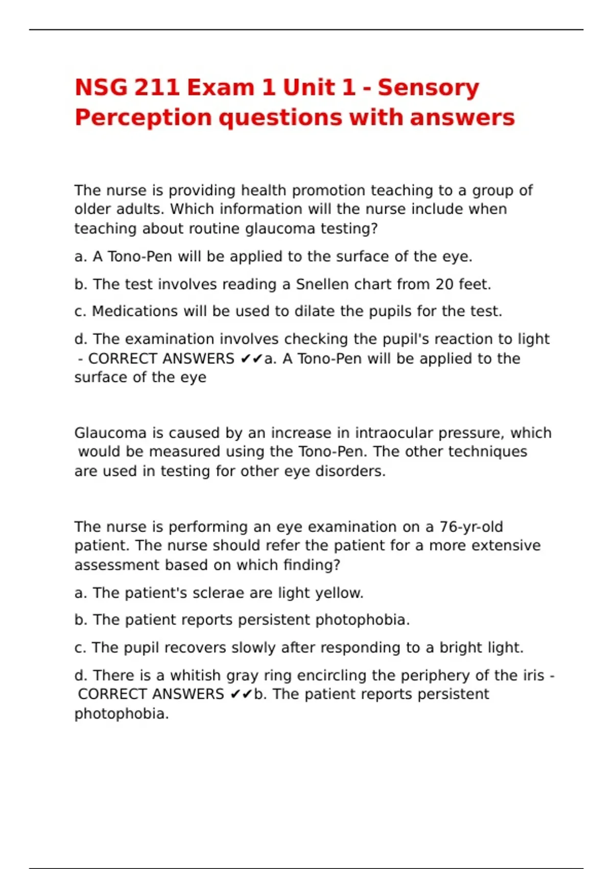 NSG 211 Exam 1 Unit 1 - Sensory Perception questions with answers - NSG ...