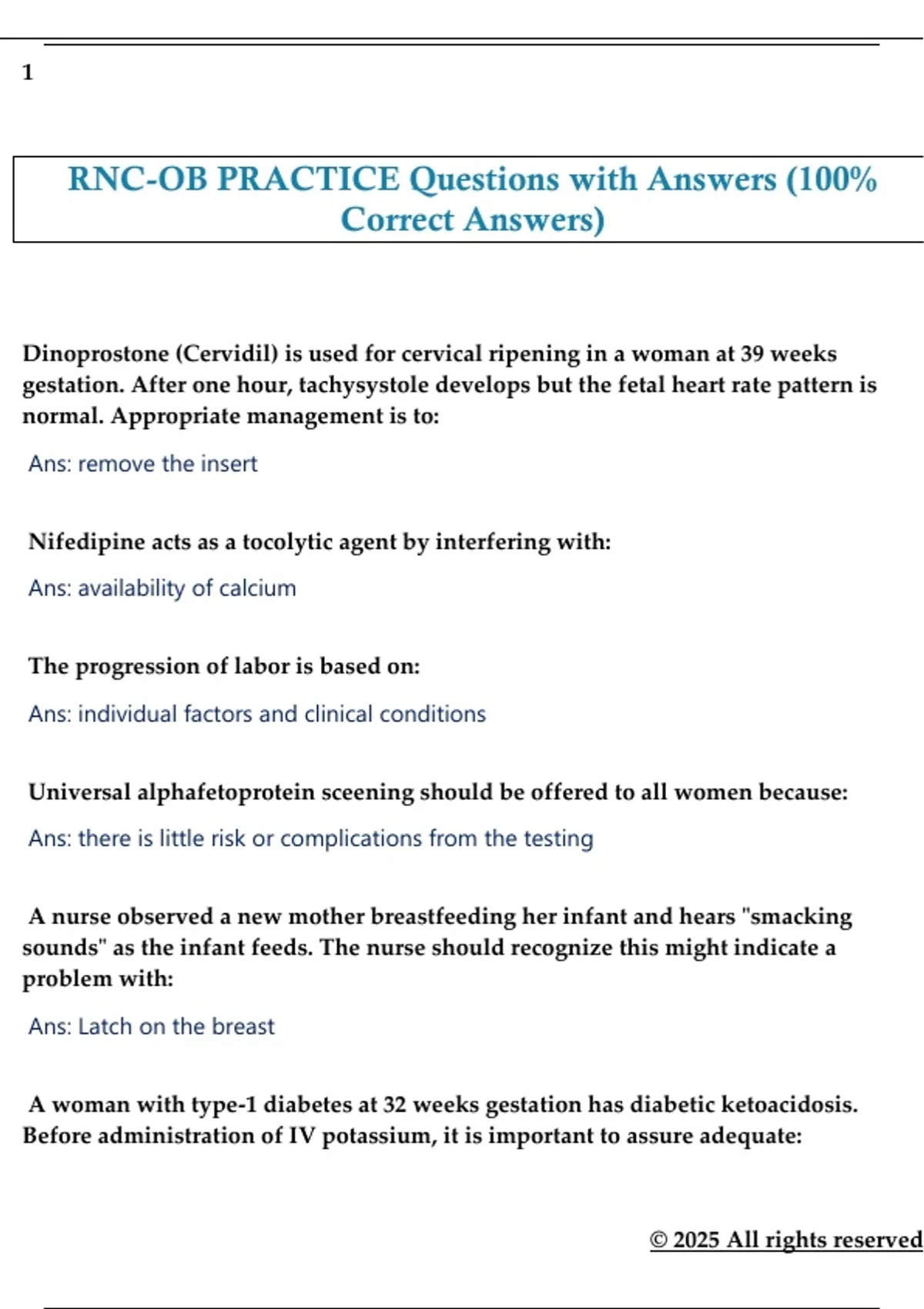 RNC-OB PRACTICE Questions with Answers (100% Correct Answers) - RNC-OB ...