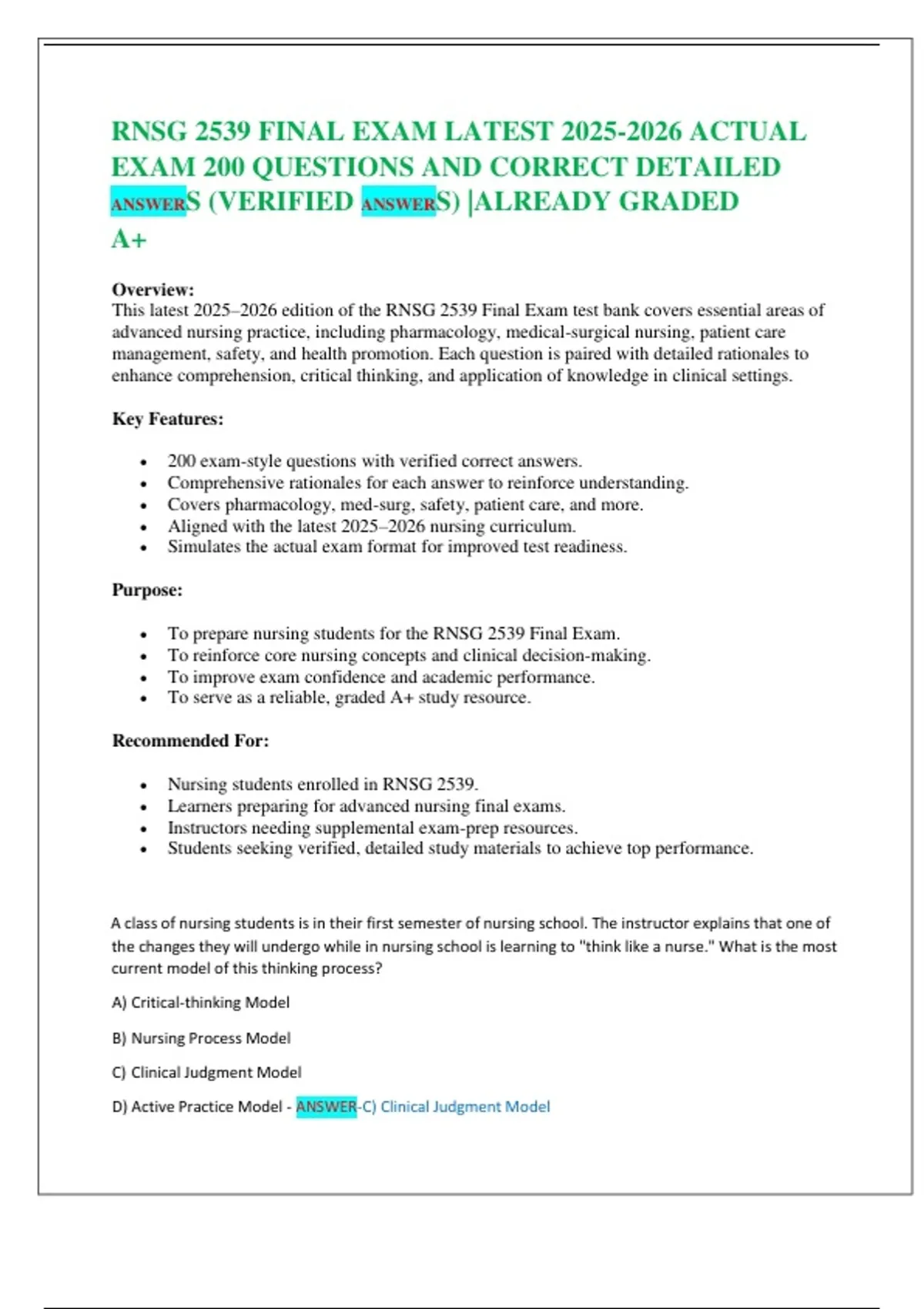 RNSG 2539 FINAL EXAM LATEST ACTUAL EXAM 200 QUESTIONS AND CORRECT ...