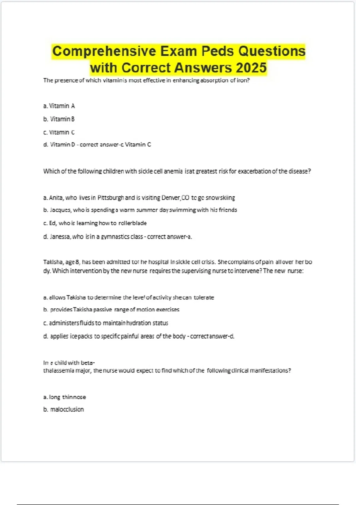 Comprehensive Exam Peds Questions with Correct Answers 2025 ...