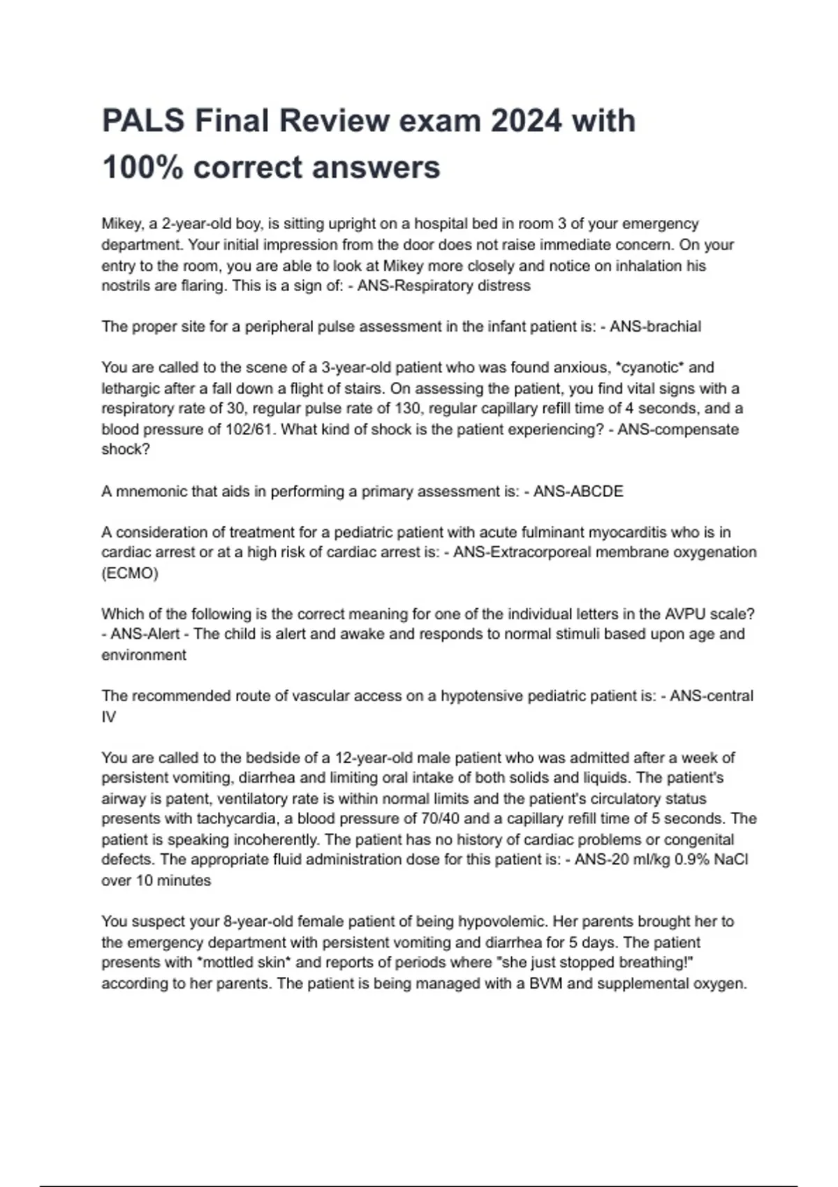 PALS Final Review exam 2024 with 100% correct answers questions and ...