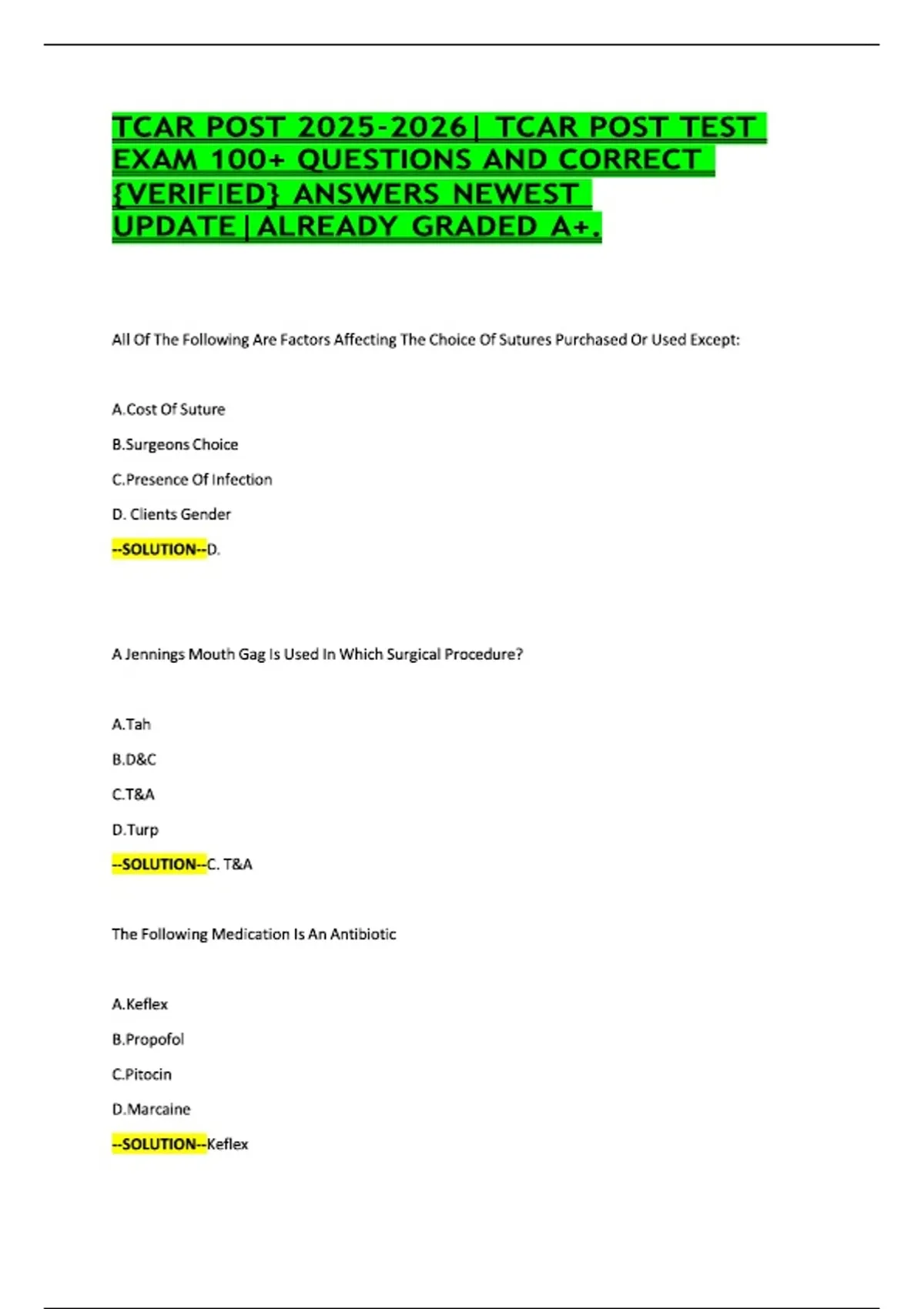 TCAR POST | TCAR POST TEST EXAM 100+ QUESTIONS AND CORRECT {VERIFIED ...