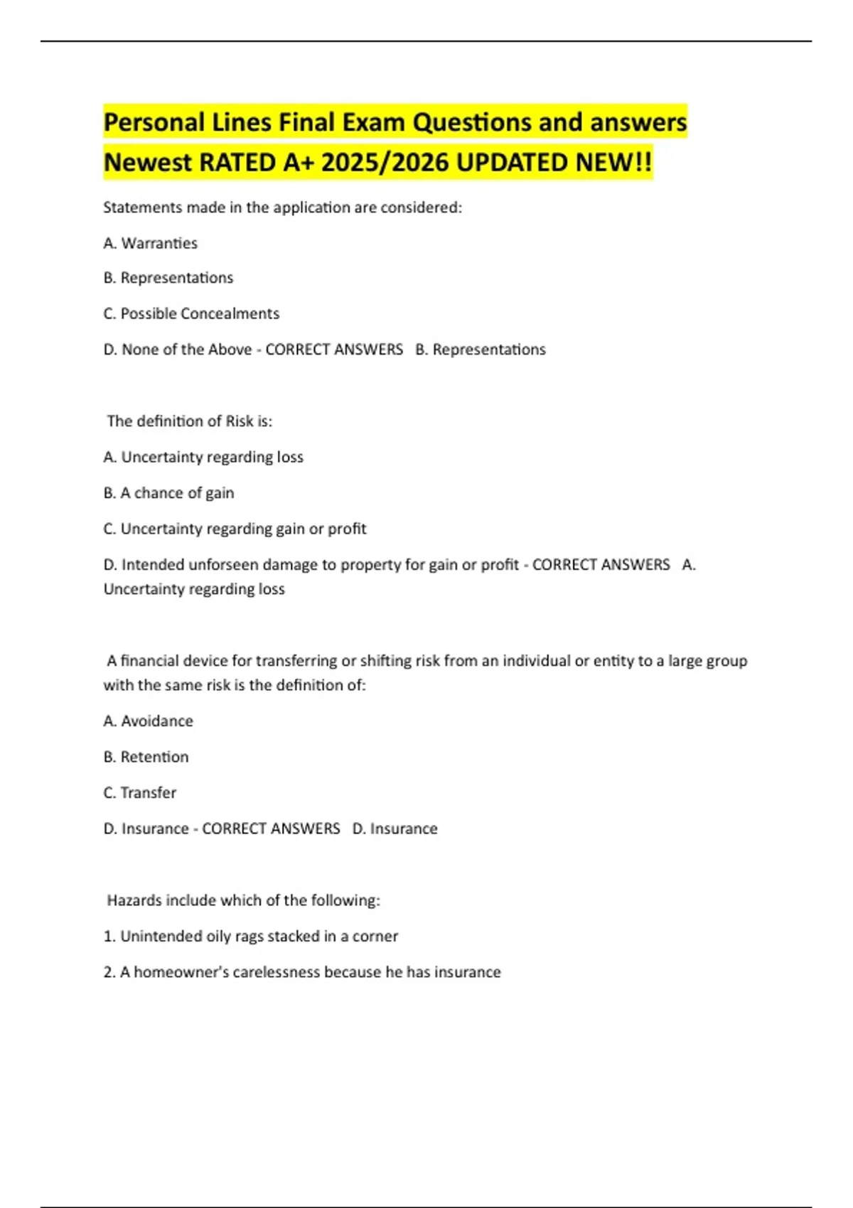 Personal Lines Final Exam Questions and answers Newest RATED A+ 2025/ ...