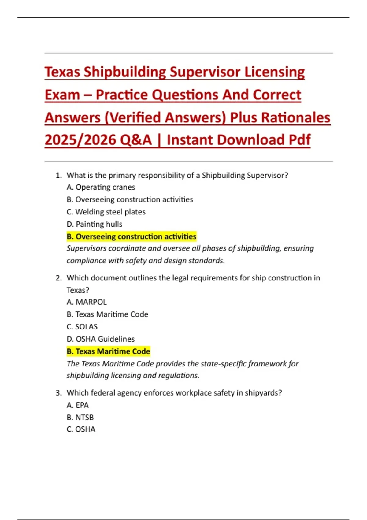 Texas Shipbuilding Supervisor Licensing Exam – Practice Questions And ...