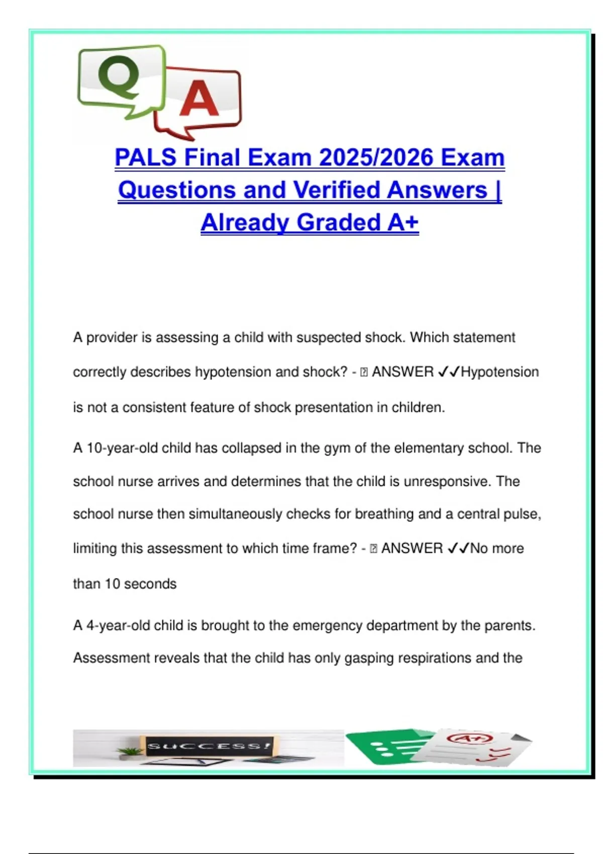 PALS Final Exam 2025 (70+ Questions) – Pediatric Resuscitation, Shock ...