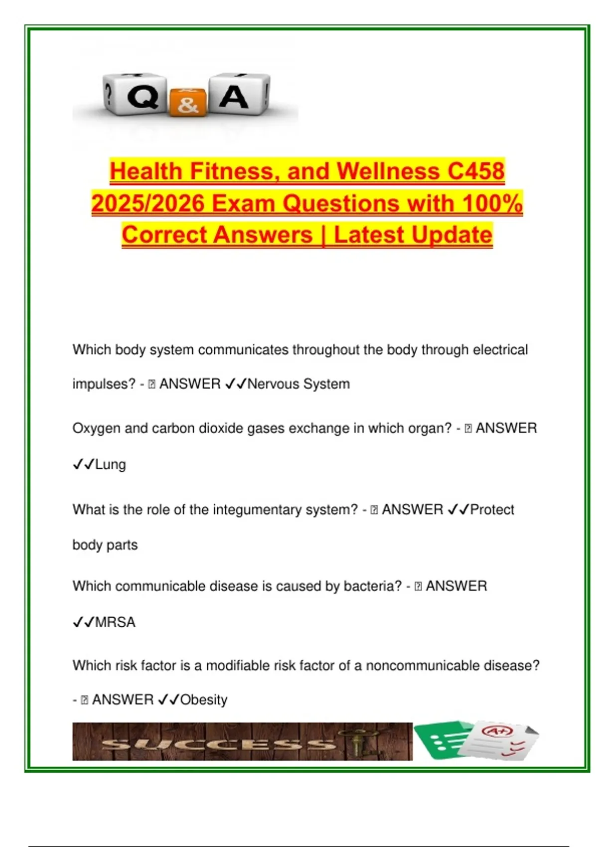 Health, Fitness & Wellness C458 – 130+ Verified Exam Questions on Body ...