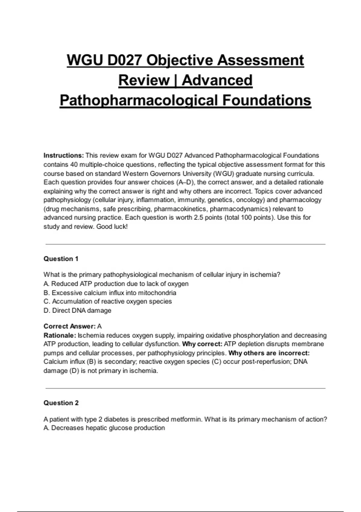 WGU D027 Objective Assessment Review | Advanced Pathopharmacological ...