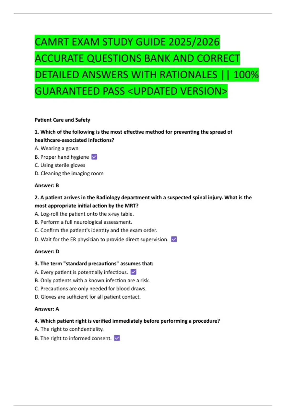 CAMRT EXAM STUDY GUIDE 2025/2026 ACCURATE QUESTIONS BANK AND CORRECT DETAILED ANSWERS WITH ...