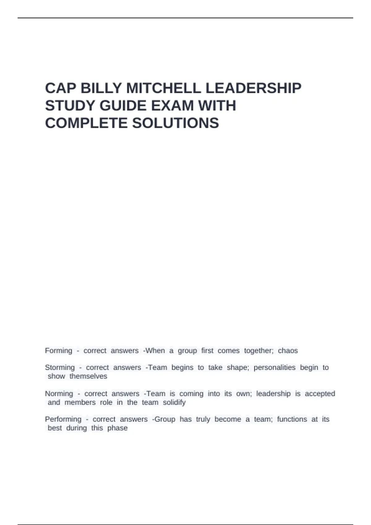 CAP BILLY MITCHELL LEADERSHIP STUDY GUIDE EXAM WITH COMPLETE SOLUTIONS ...