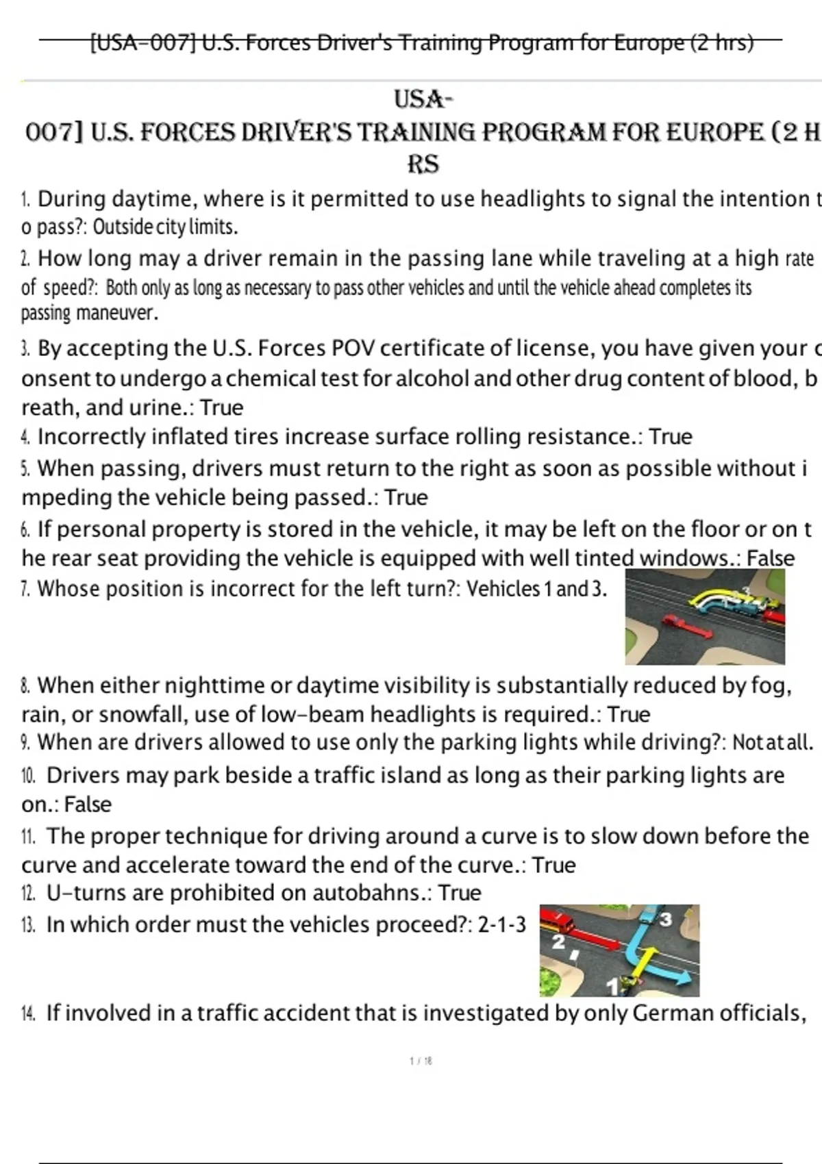 U.S. Forces Driver's Training Program for Europe (2 hrs) (200 questions ...