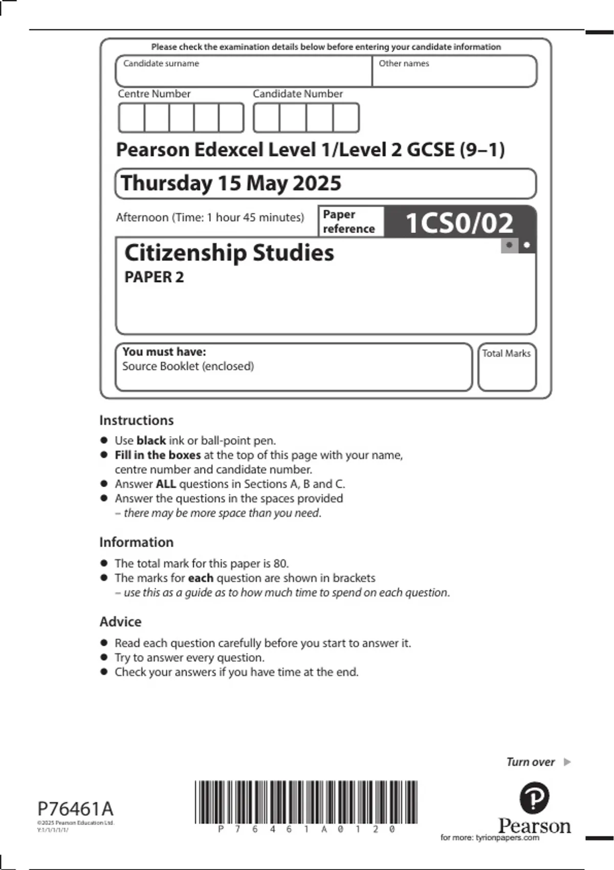 EDEXCEL GCSE CITIZENSHIP STUDIES MAY JUNE 2025 PAPER 2 QUESTION PAPER ...